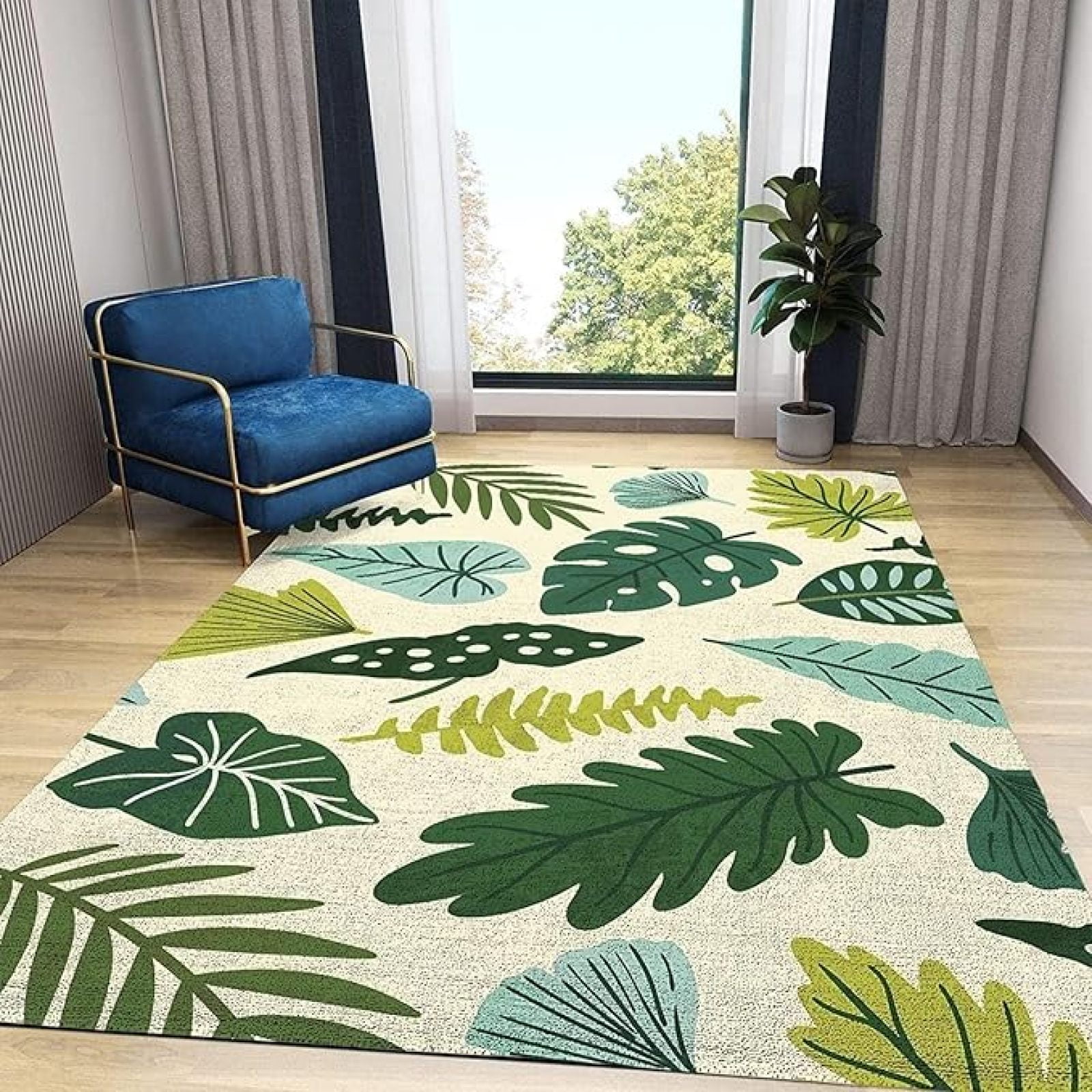 Green Tropical Plants Area Carpet, Palm Fronds Turtle Leaves Entrance ...