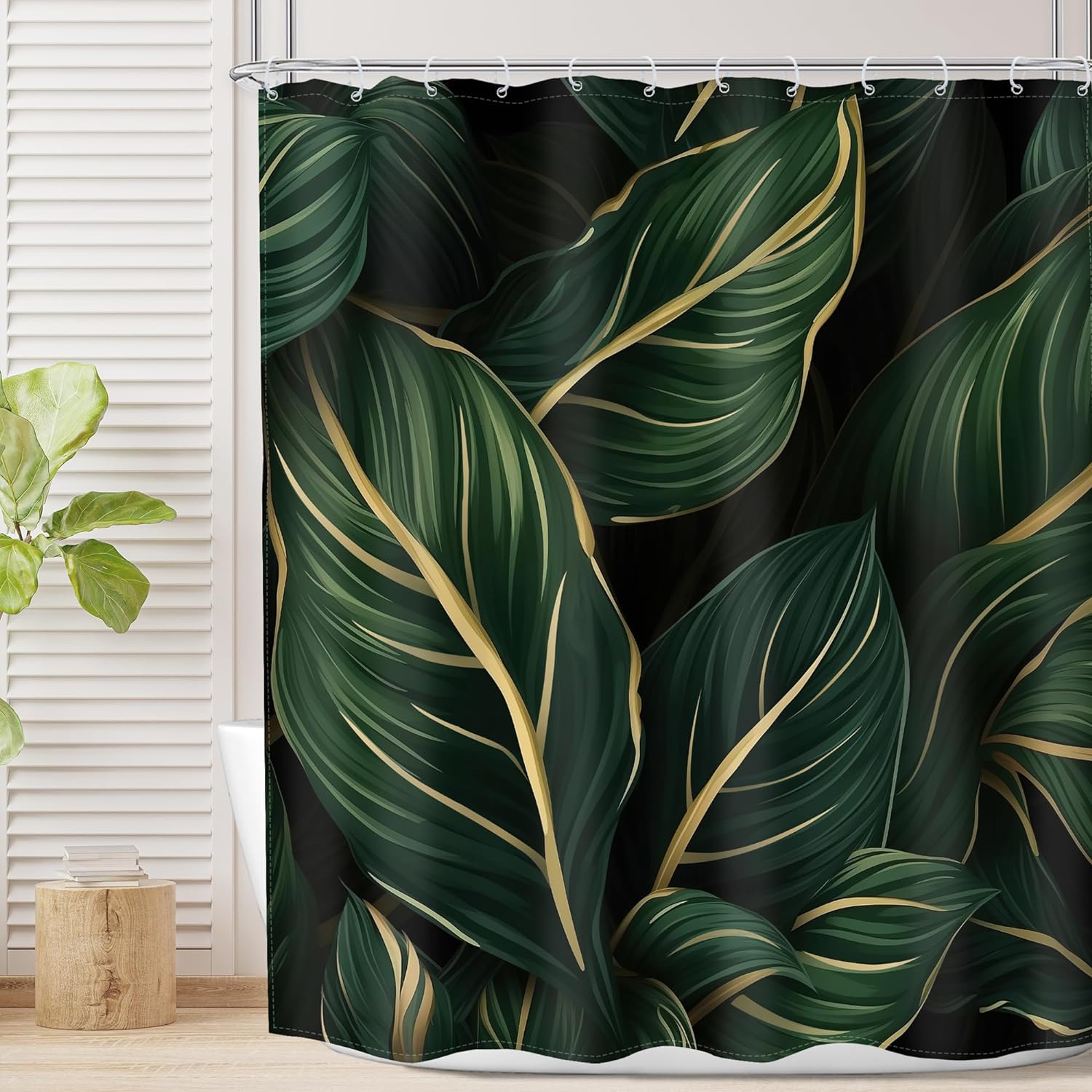 Green Tropical Shower Curtain 60Wx72H Abstract Leaves Shower Curtain ...