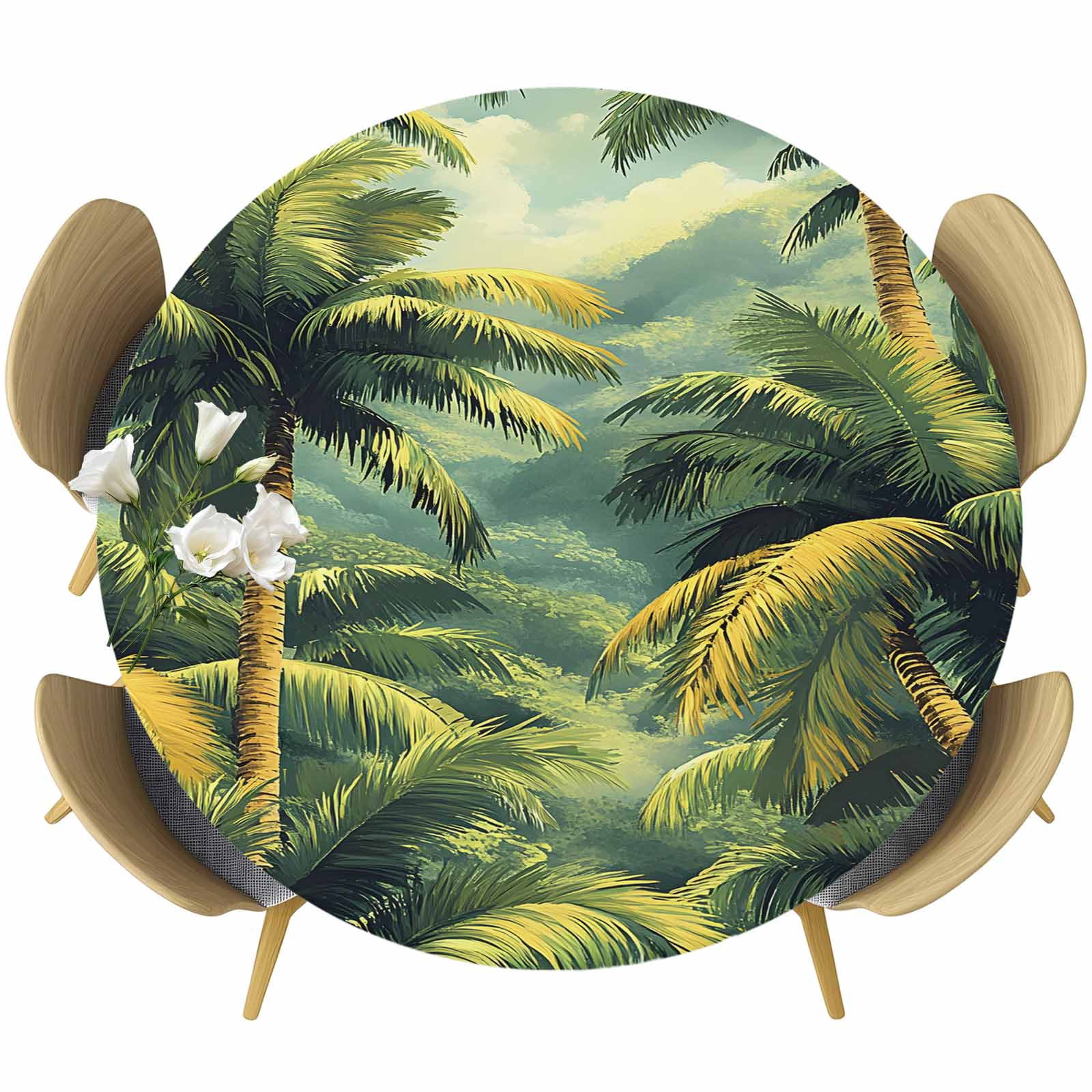 Green Tropical Tree Round Tablecloth 55-60 Inch Round Fitted Table ...