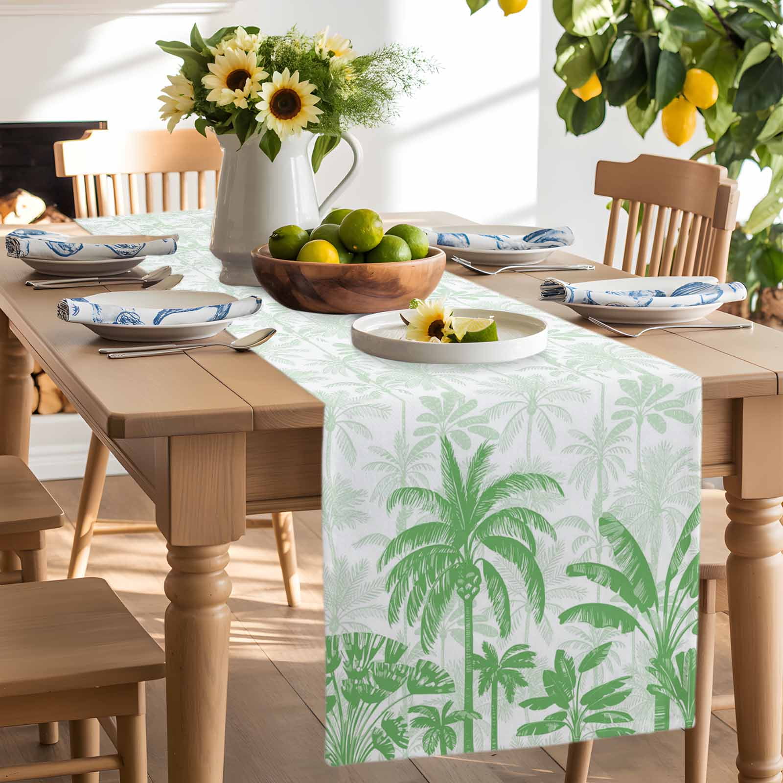 Green Tropics Palm Plant Leaves Table Runner-90 Inch Long Abstract ...
