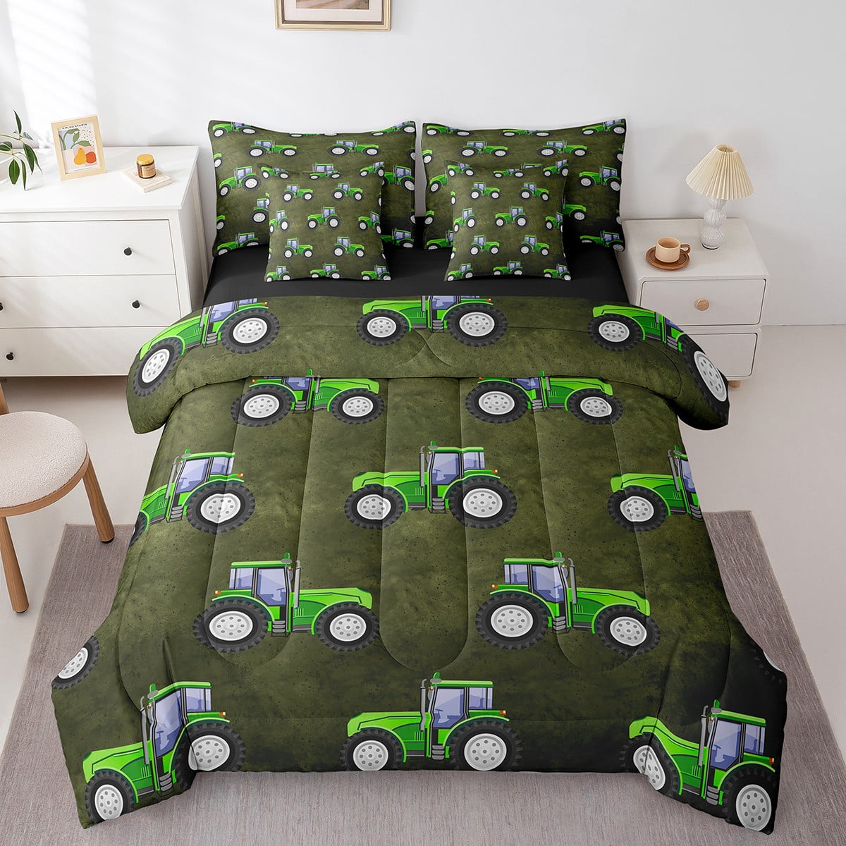 Green Truck Bed in a Bag for Kids Toddler Watercolor Tractor Bedding ...