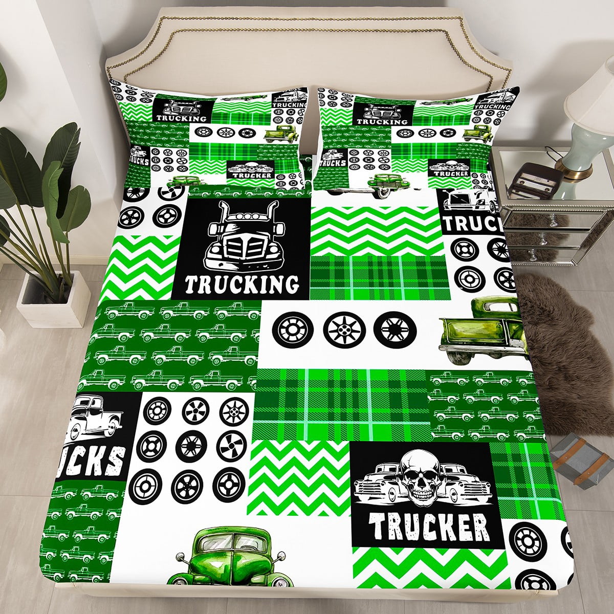 Green Truck Bed Sheets Queen Size Farm Tractor Fitted Sheet Cartoon ...