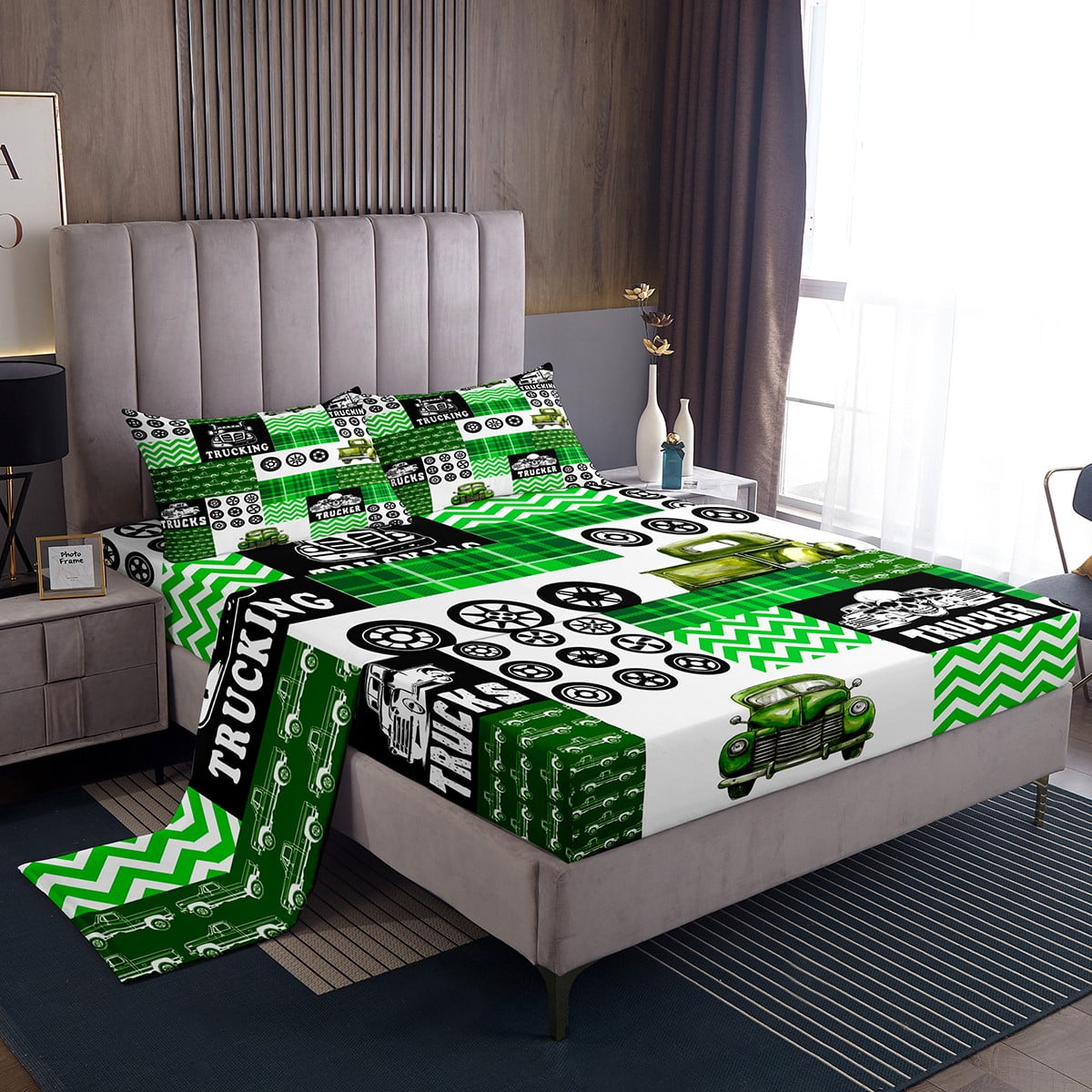 Green Truck Bed Sheets Queen Size Farm Tractor Sheets Cartoon Equipment ...