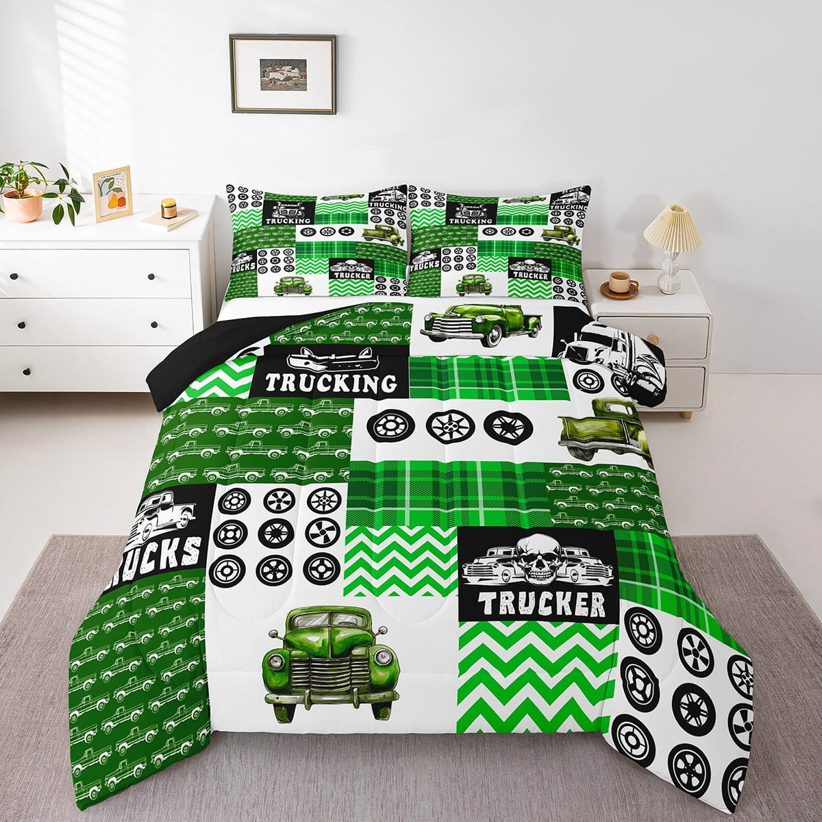 Green Truck Comforter Set Twin Size Farm Tractor Bedding Sets Cartoon ...