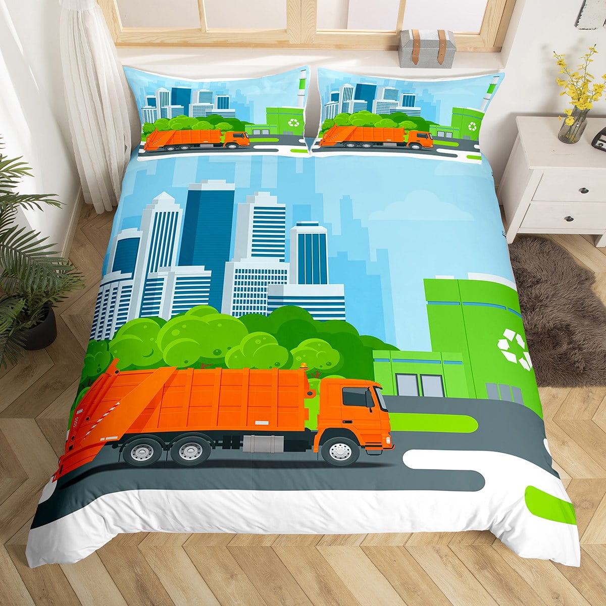 Green Truck Toddler Bedding Set Twin Size,Cartoon Garbage Truck Duvet ...