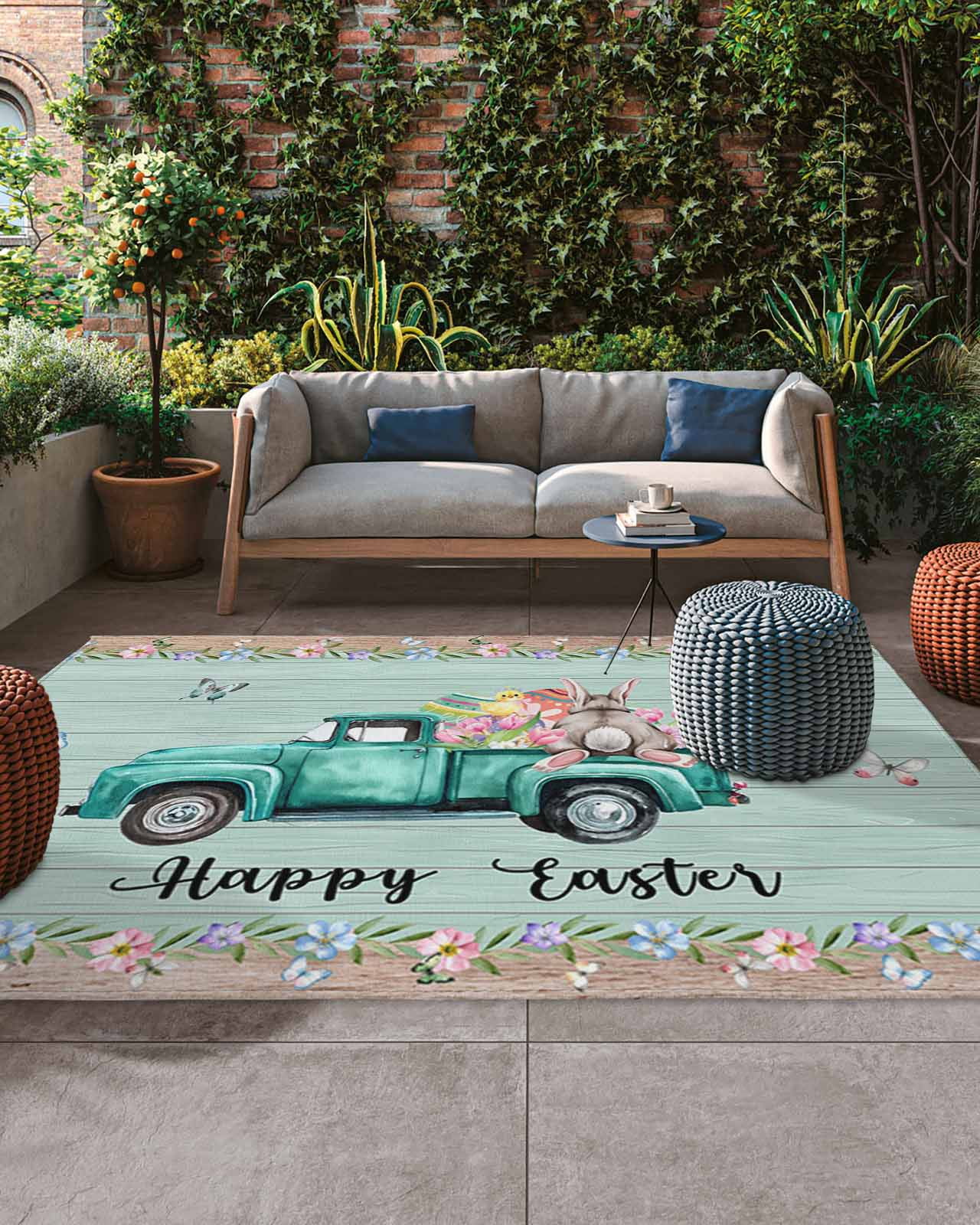 Green Trucks Outdoor Rug, Happy Easter Eggs Rabbit Butterfly Flower ...