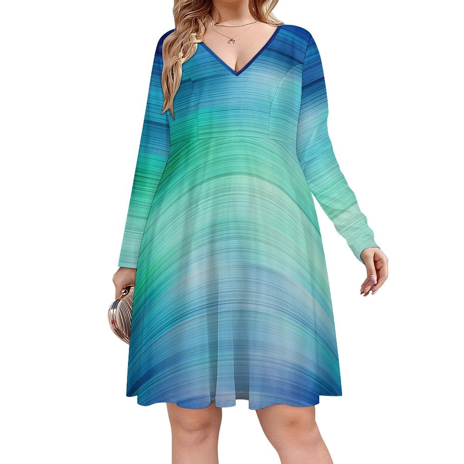 Green Turquoise Teal Blue Abstract Texture Long Sleeve Sexy Dresses For Women Ladies Vintage ...