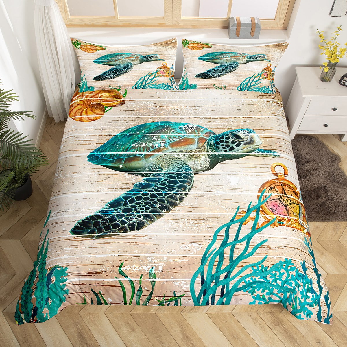 Green Turtle Comforter Cover , Retro Tortoise Bedding Set Vintage Barn ...