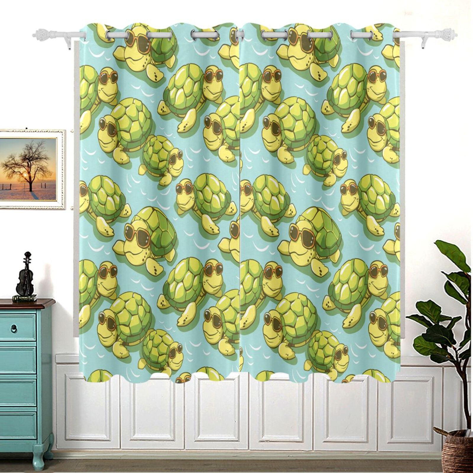 Green Turtles Blackout Curtain Panels 63x55in Drapes Privacy Assured ...