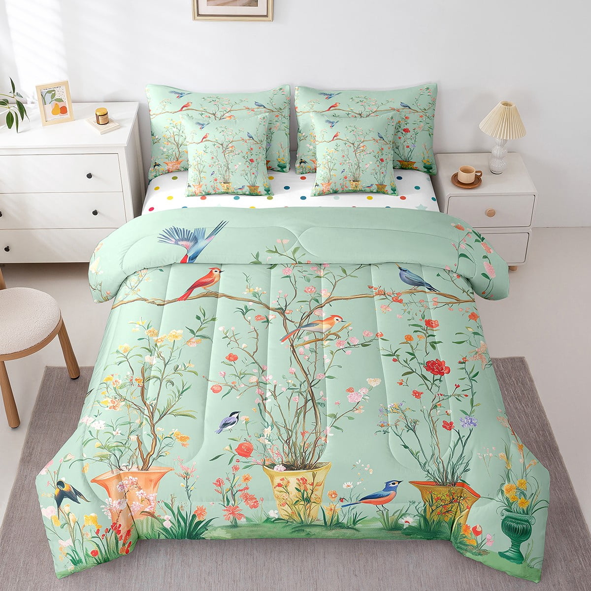 Green Twin Bed in a Bag Women,Bird Floral Comforter Set 7 Piece,Rustic ...