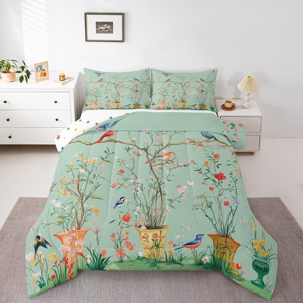 Green Twin Bedding Sets Women,Bird Floral Comforter Set Adults,Rustic ...