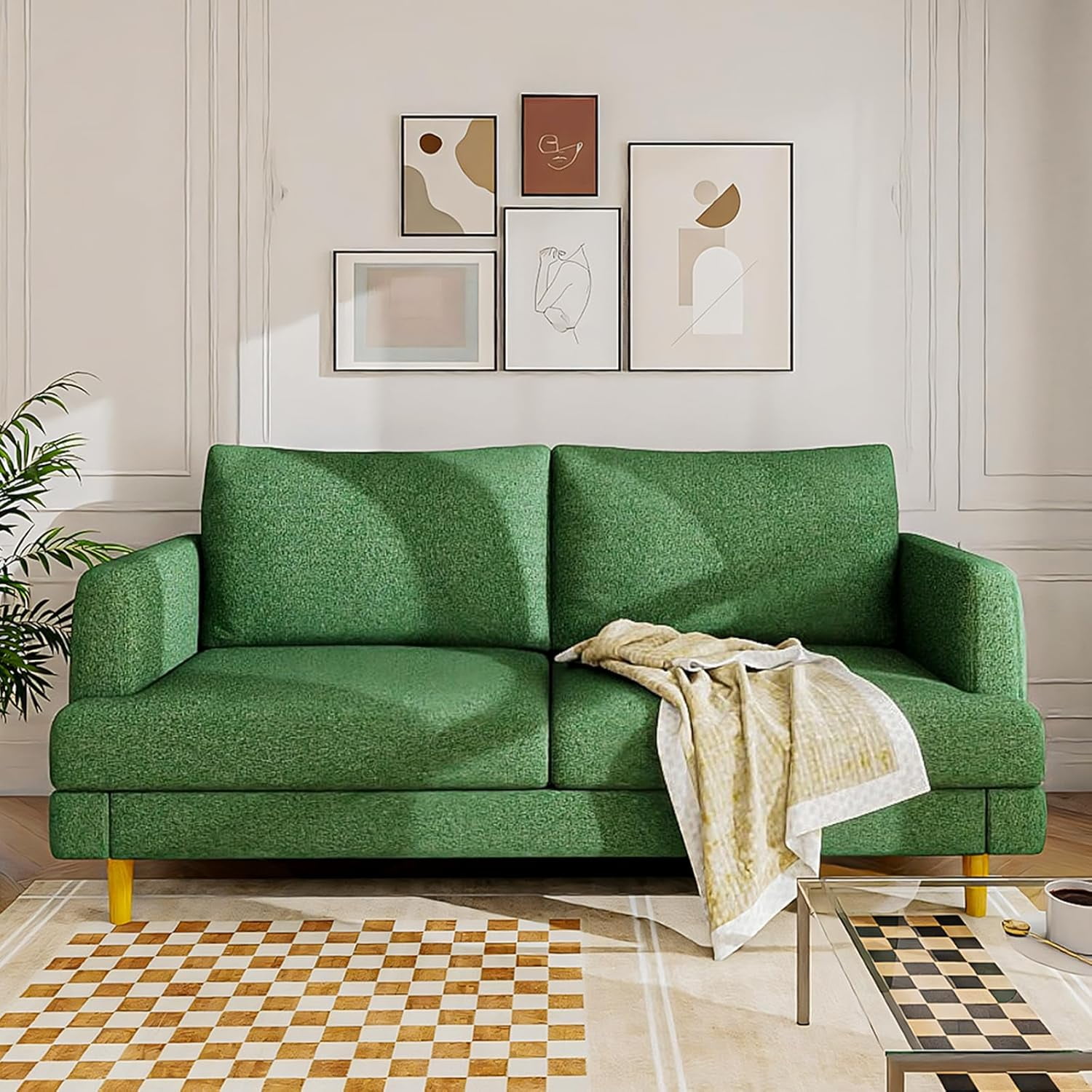 Green Upholstered Couch for Living Room, Bedroom & Apartment with USB ...