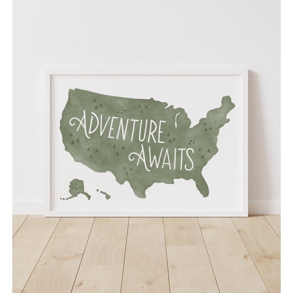 Green Us Map Poster Woodland Nursery Decor Adventure Awaits Wall Art ...