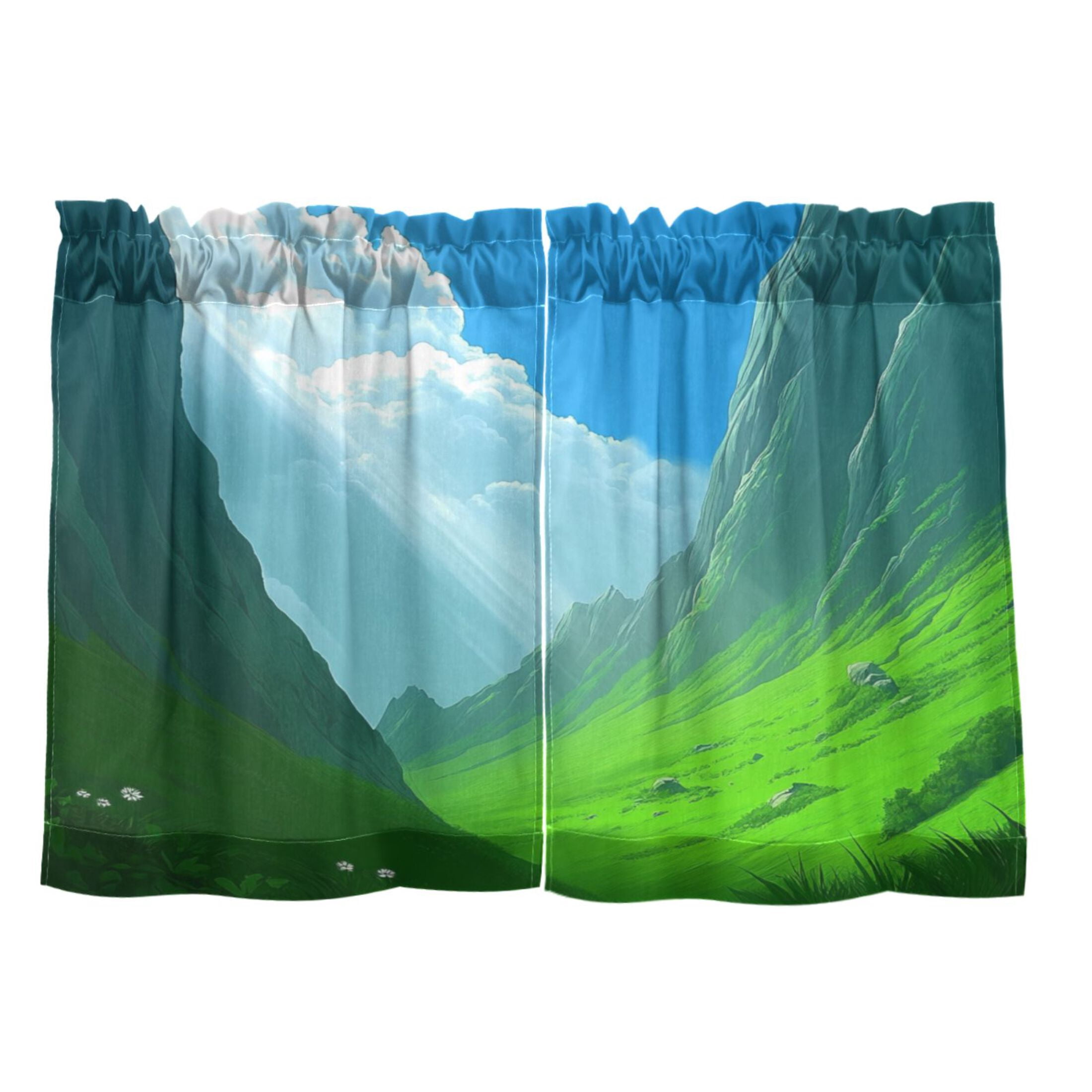 Green Valley Pattern 27"x36" Linen Look Cafe Curtain Set with Privacy ...