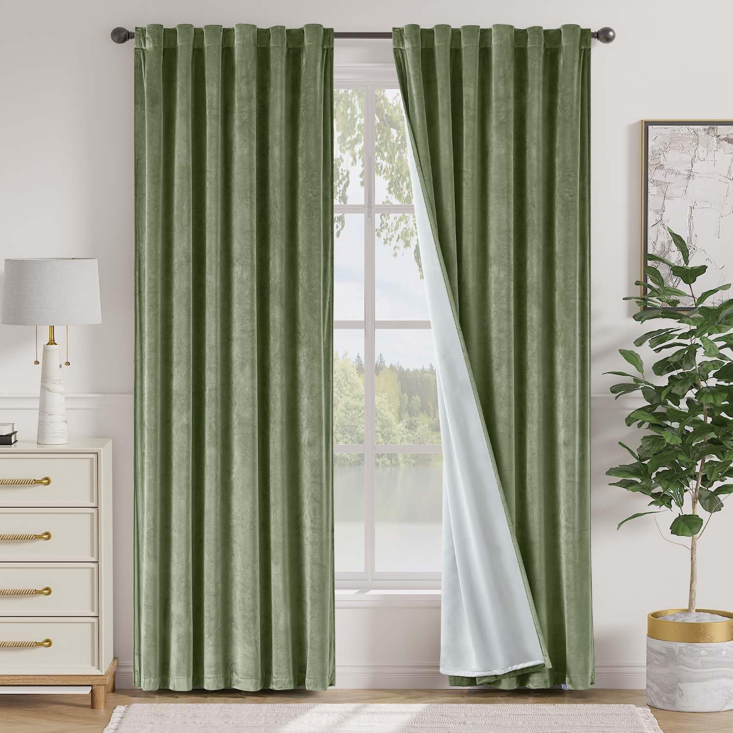 Green Velvet Curtains 84 Inch Long Blackout Thermal Insulated Room ...