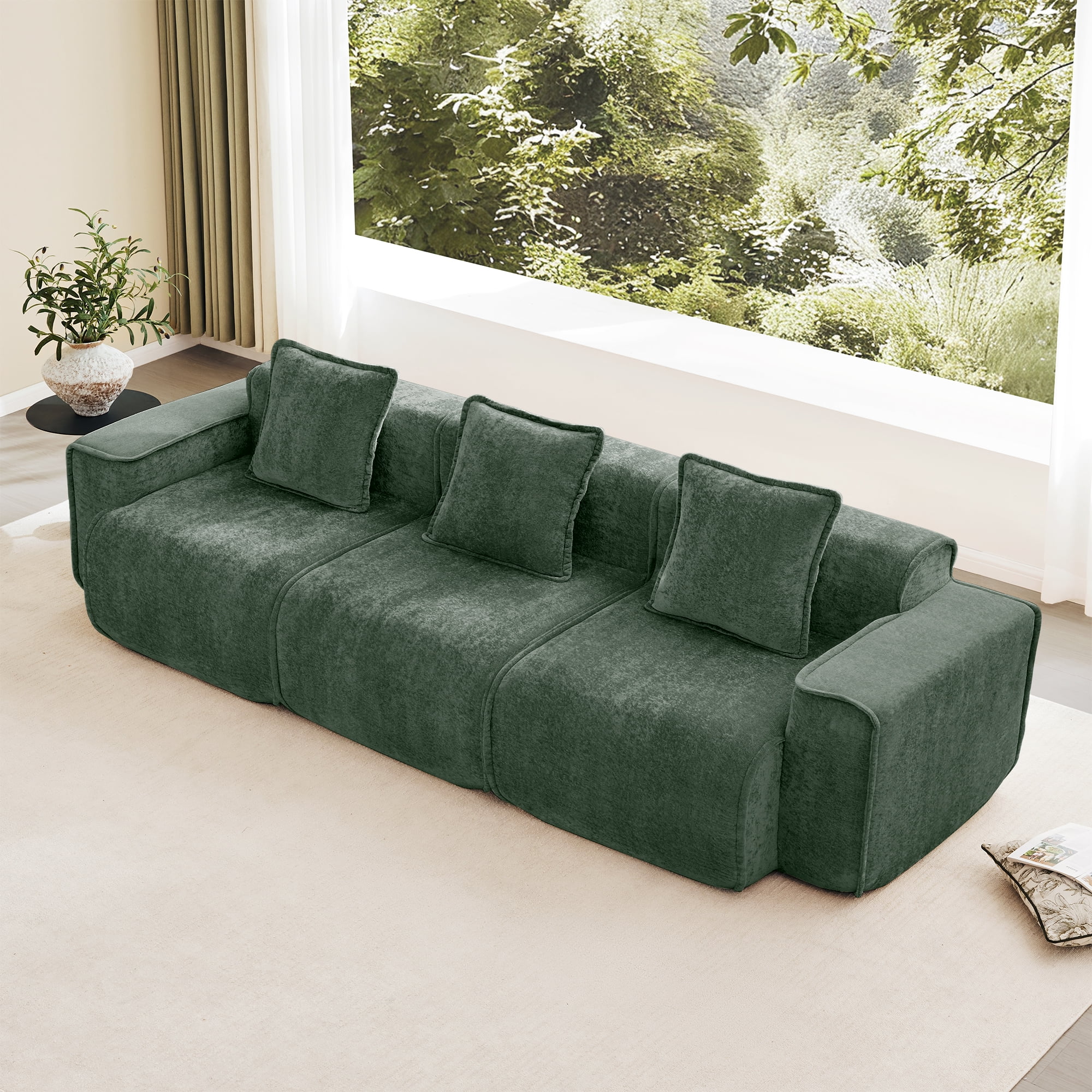 Green Velvet Modular 3-Seat Boneless Sofa, French Edge Piping, Throw ...