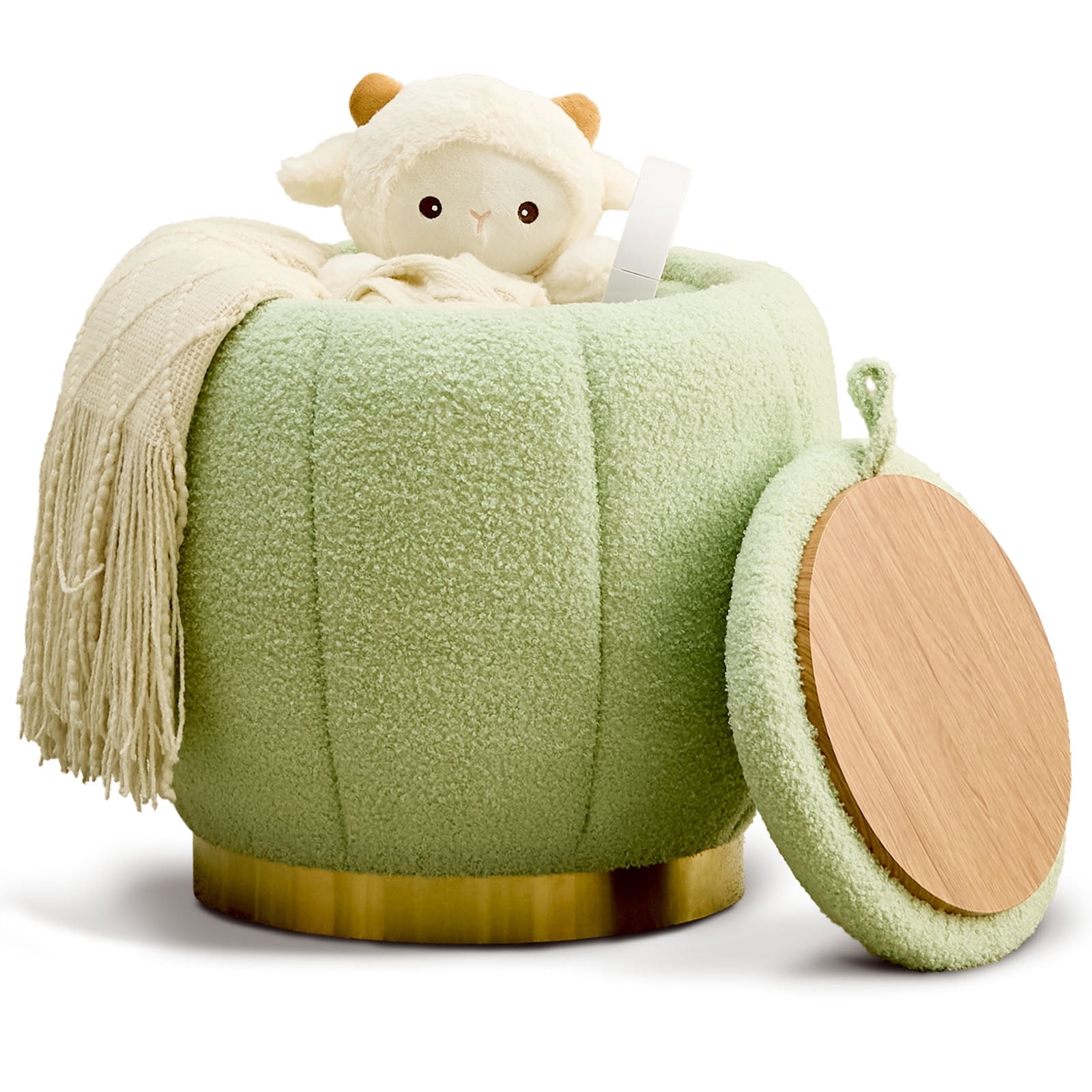 Green Velvet Storage Ottoman Footrest, Round Floral Pouf with Soft ...