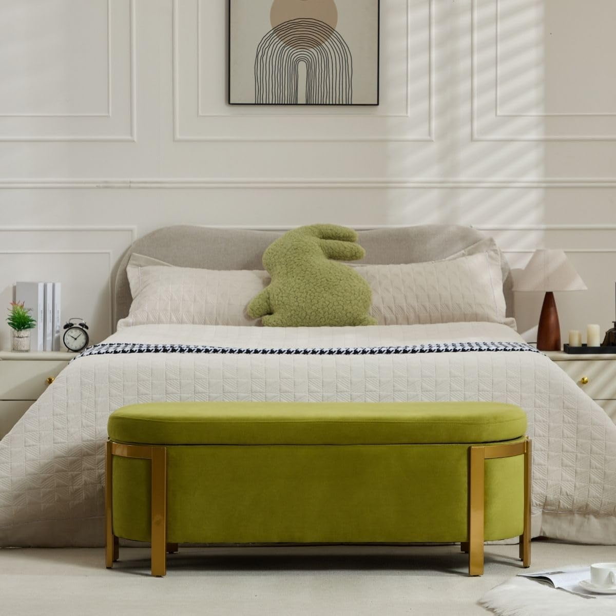Green Velvet Storage for Bedroom, 4ft Modern Oval Upholstered Ottoman ...