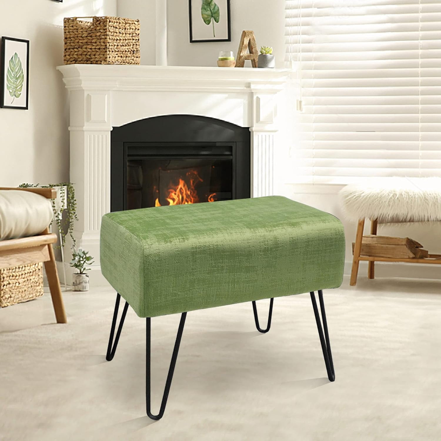 Green Velvet Tufted Ottoman Entryway 19.5"x12.5"x17" Fluffy Makeup ...