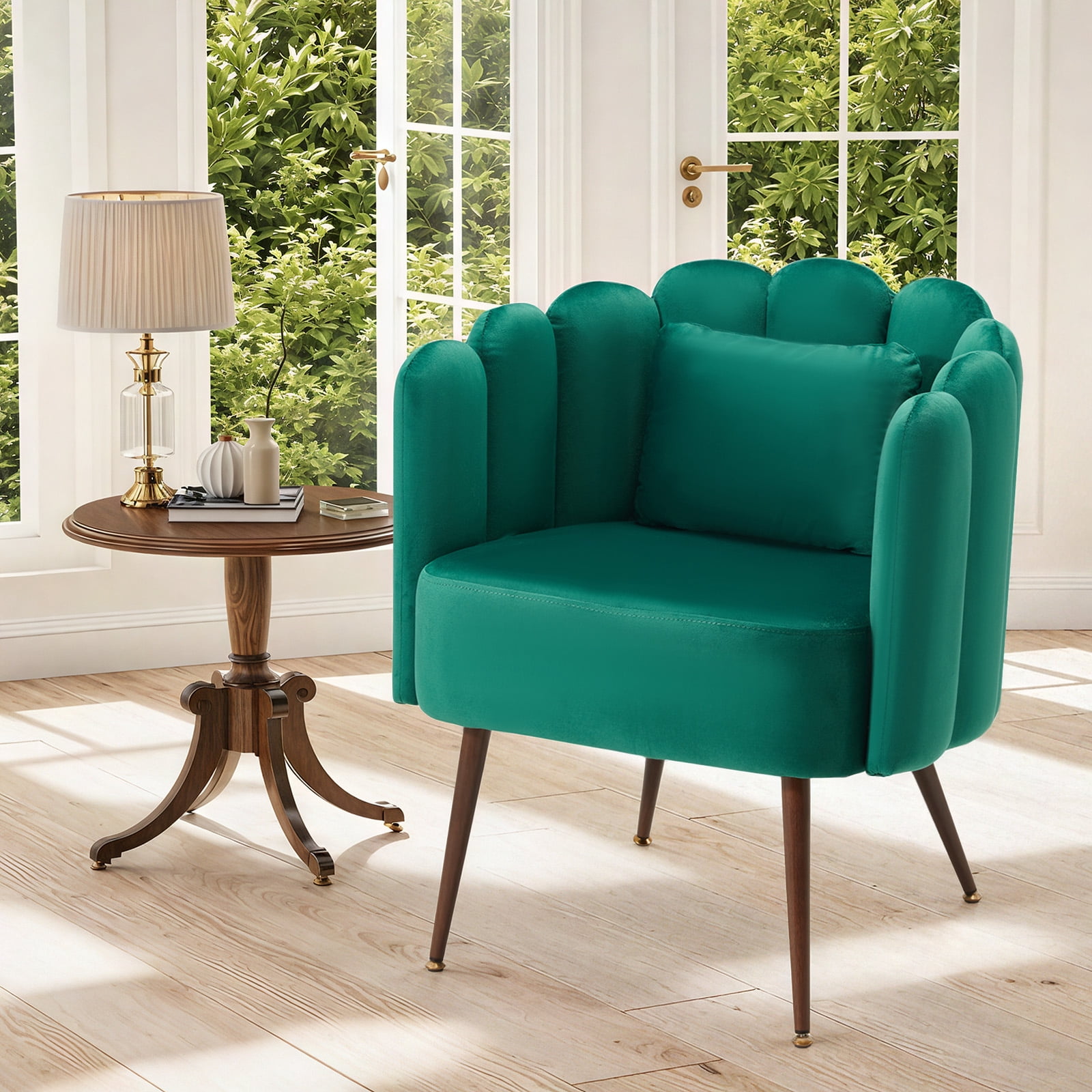 Green Velvet Vanity Chair with Petal Back, 6.3” Thick Seat Cushion ...