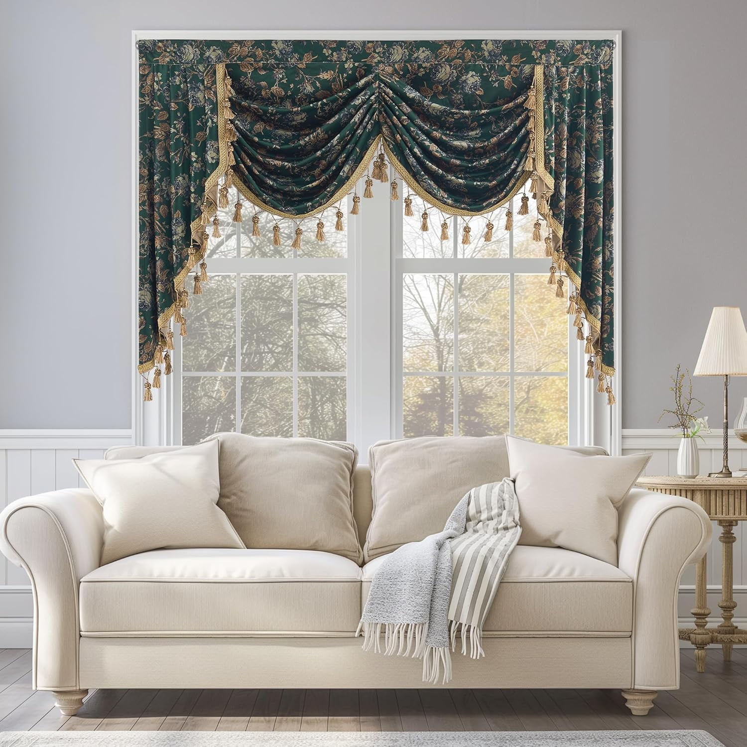 Green Velvet Waterfall Valance Curtain, Floral Print Vintage Home Decor ...