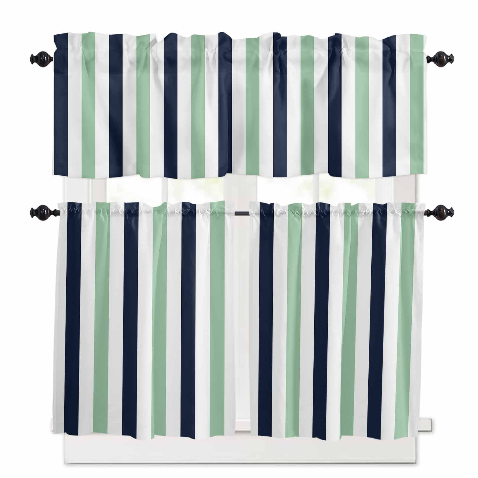 Green Vertical Stripes Kitchen Curtains Set for Windows 3 Pieces,36 ...