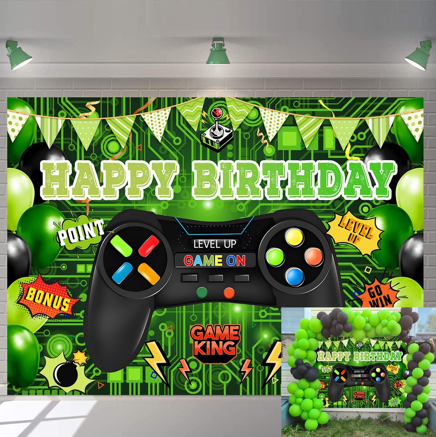 Green Video Game Birthday Backdrop Level up Gaming Theme Photograph ...
