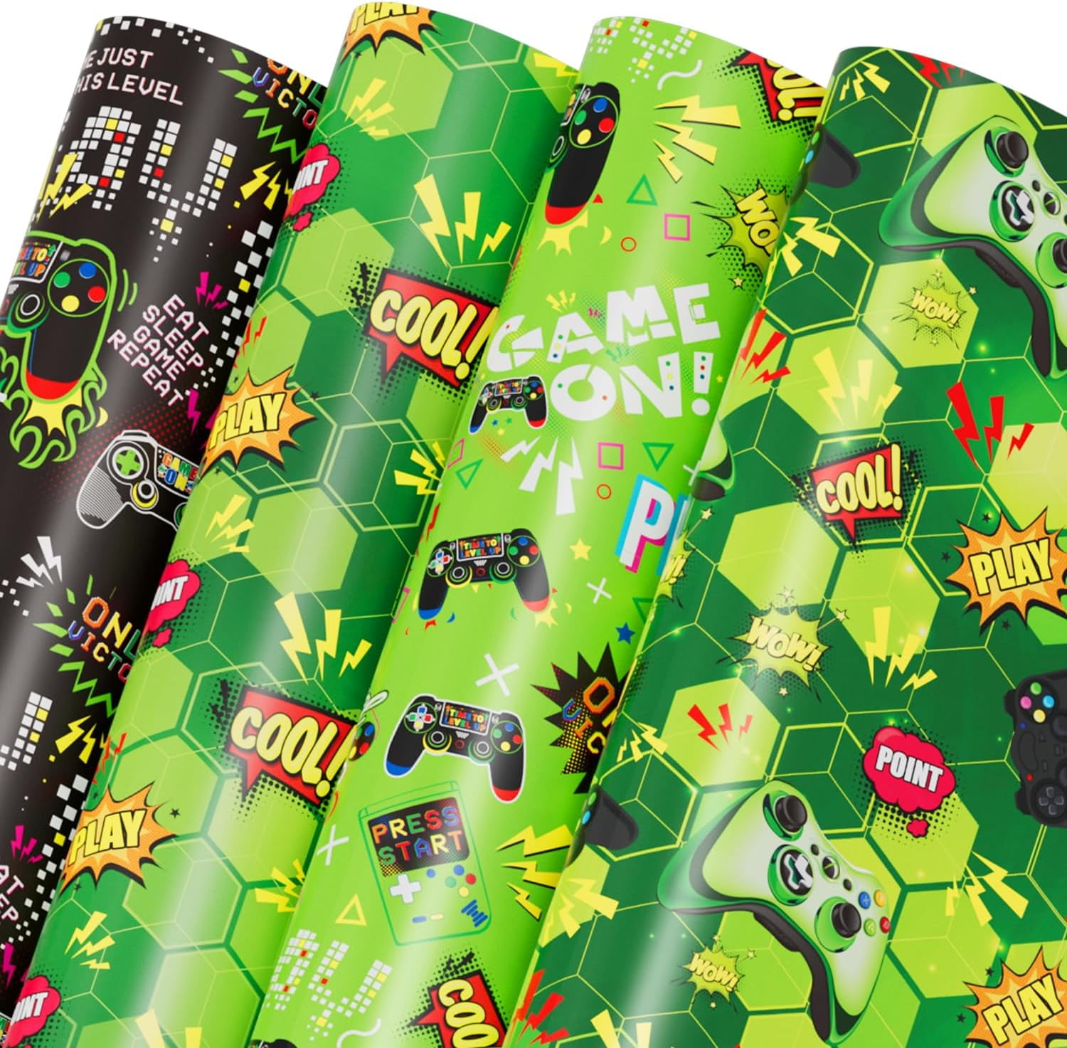 Green Video Game Wrapping Paper for Boys Kids, 12 Sheets Gamer Gaming ...