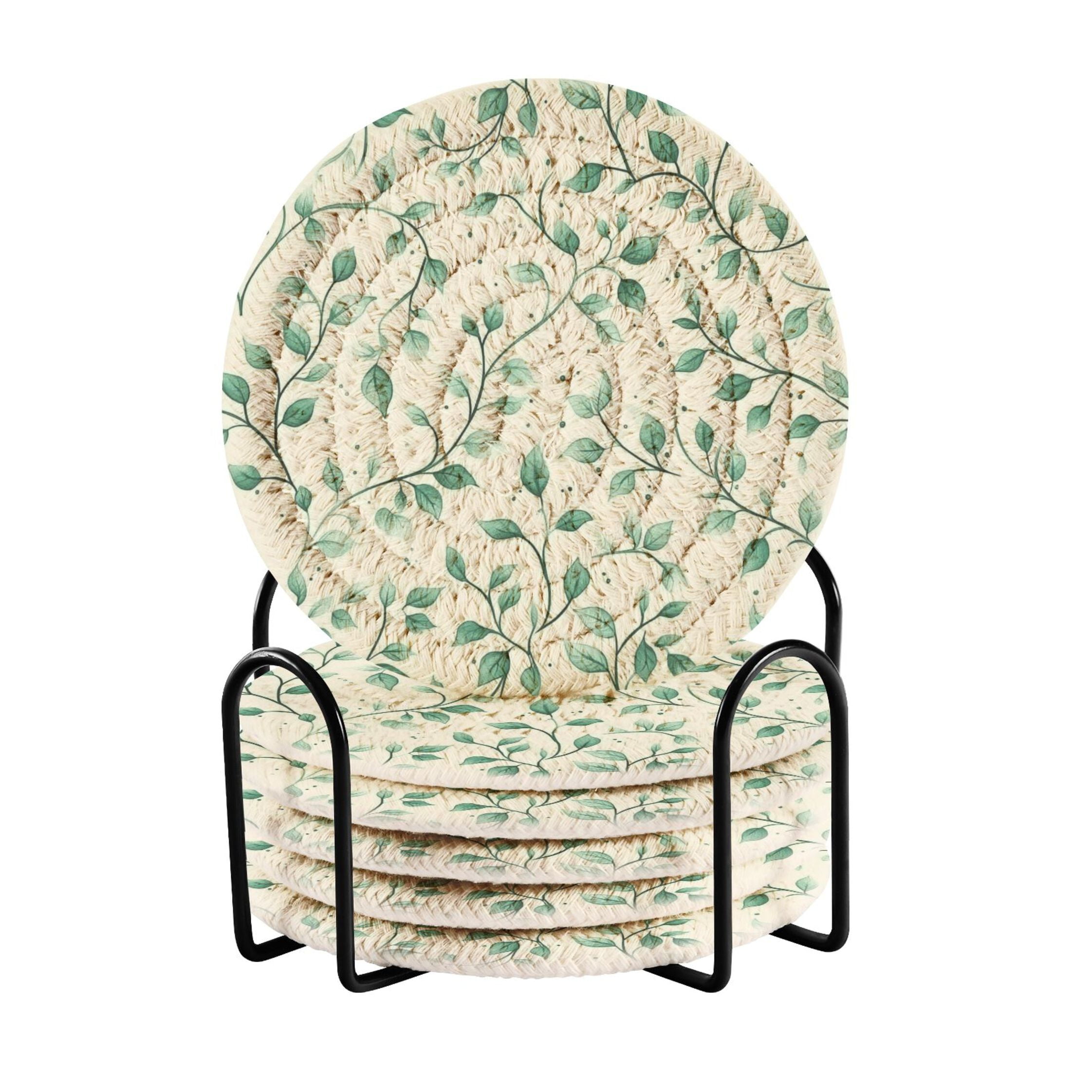 Green Vine and Leaves Drink Coasters with Holder Absorbent Coaster for ...