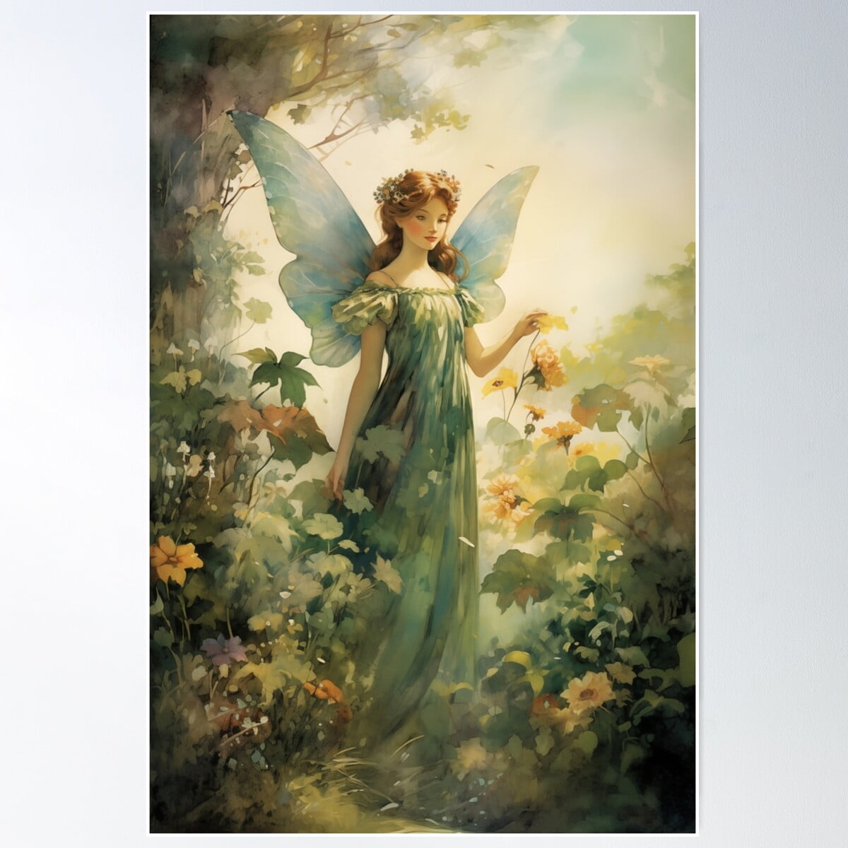 Green Vintage Fairy Print - Angel Poster - Cottagecore Poster Wall Art ...