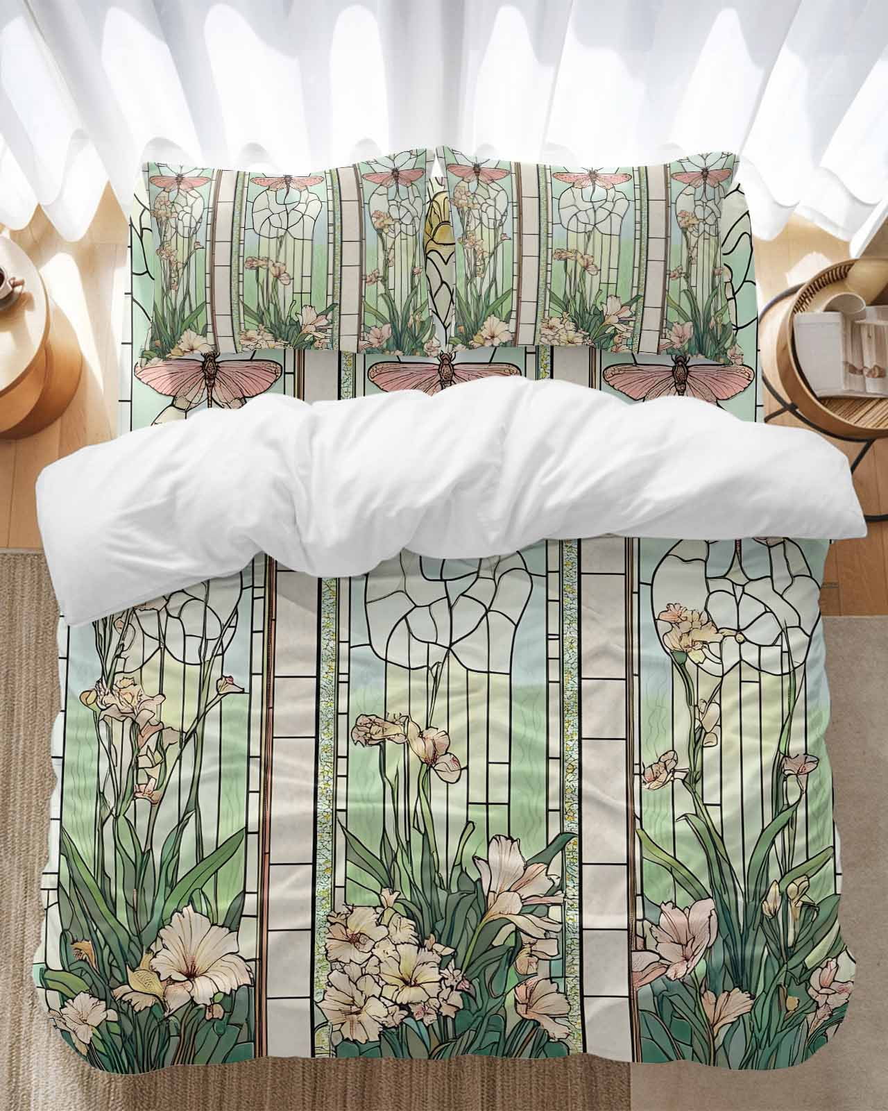 Green Vintage Stained Glass Bedding Duvet Cover Set Queen Size 4 Pieces ...