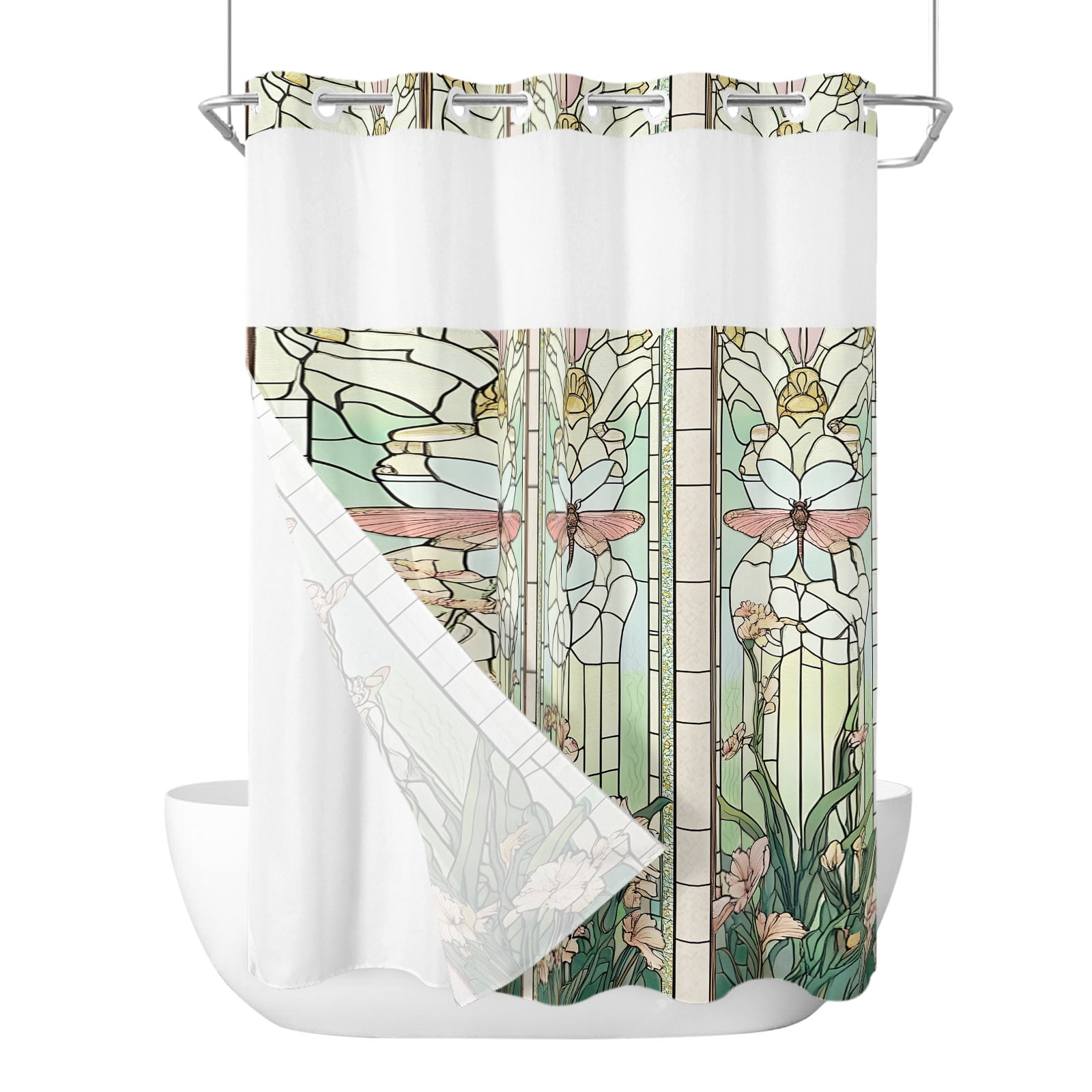 Green Vintage Stained Glass No Hook Shower Curtain with Snap in Liner ...