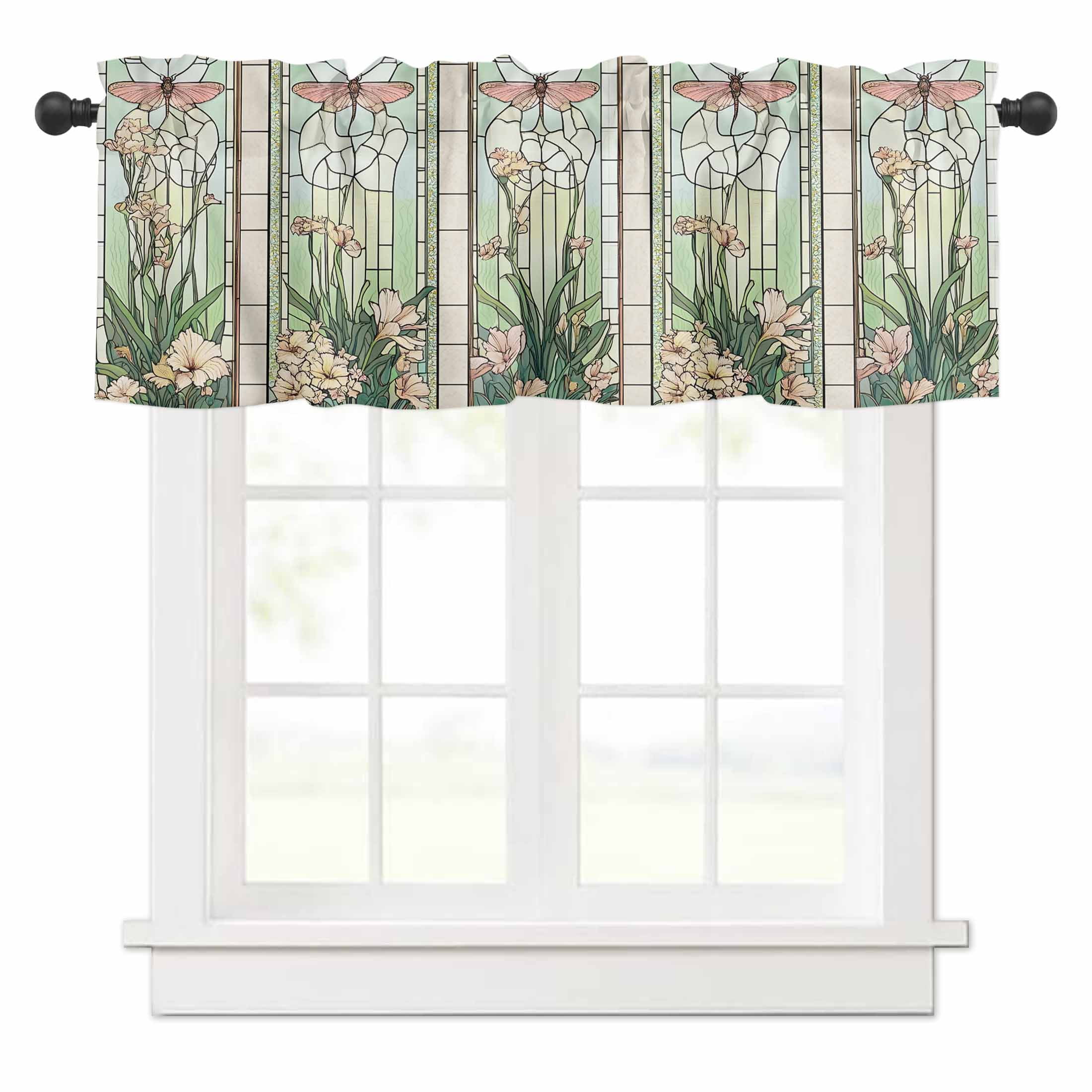 Green Vintage Stained Glass Valances for Windows Flowers Butterfly Rod ...