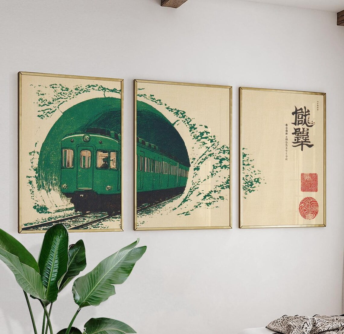 Green Vintage Train Japanese Inspired Railway Illustration Triptych Set ...