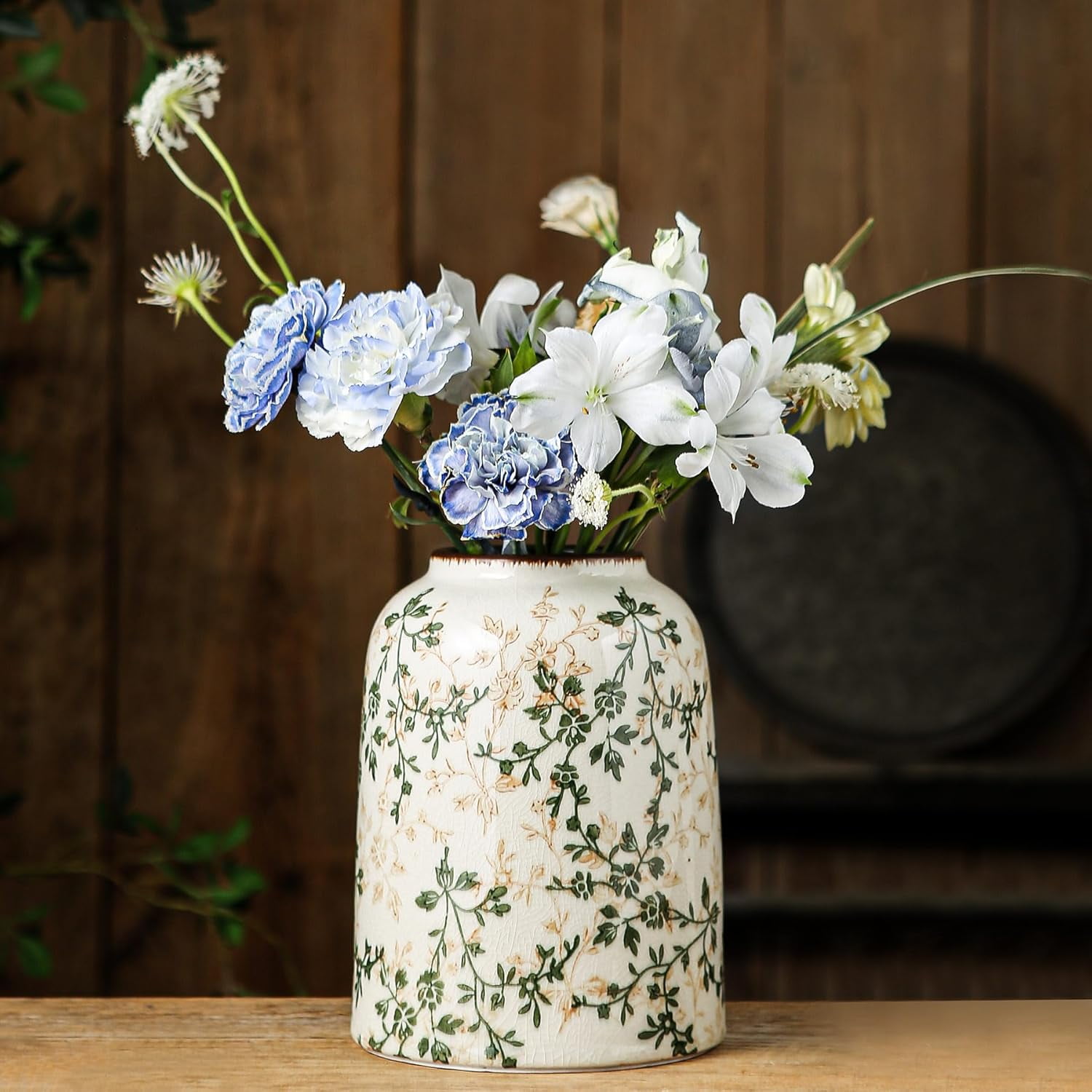 Green Vintage Vase, Chinoiserie Floral Vases, Retro Ice Cracked Ceramic ...