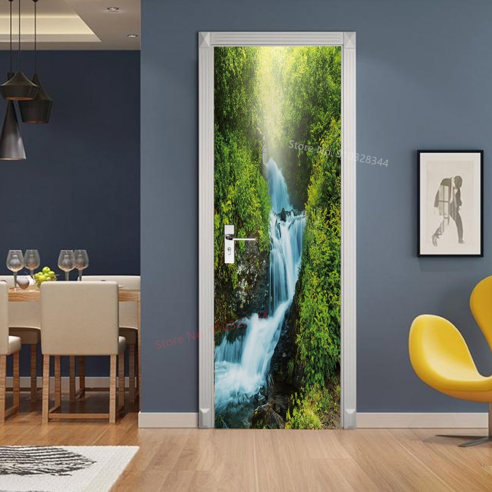 Green Wallpaper On The Door Jungle Waterfall Mural Peel and Stick Wall ...