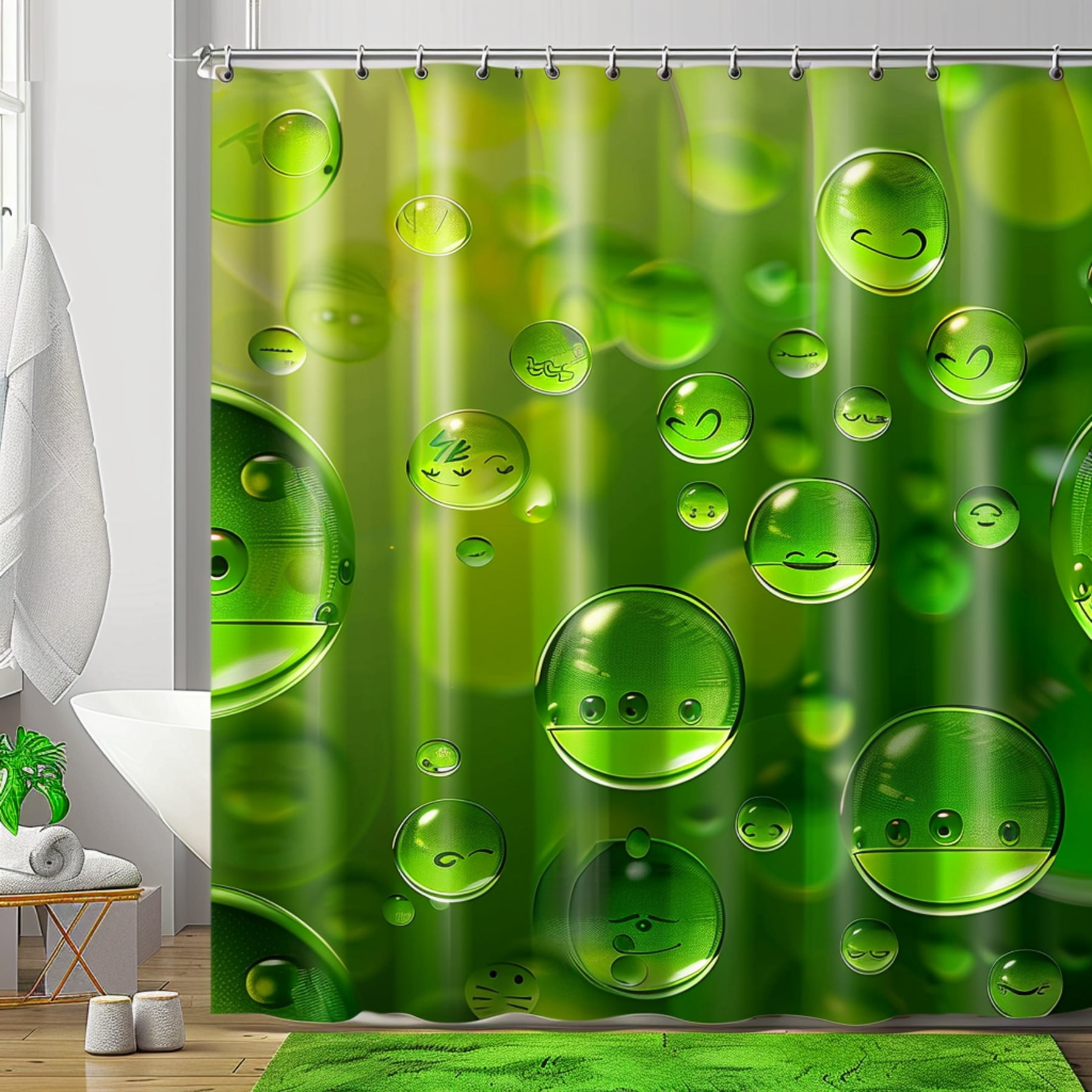 Green Water Droplets with Faces Shower Curtain Cute & Dreamy Design ...