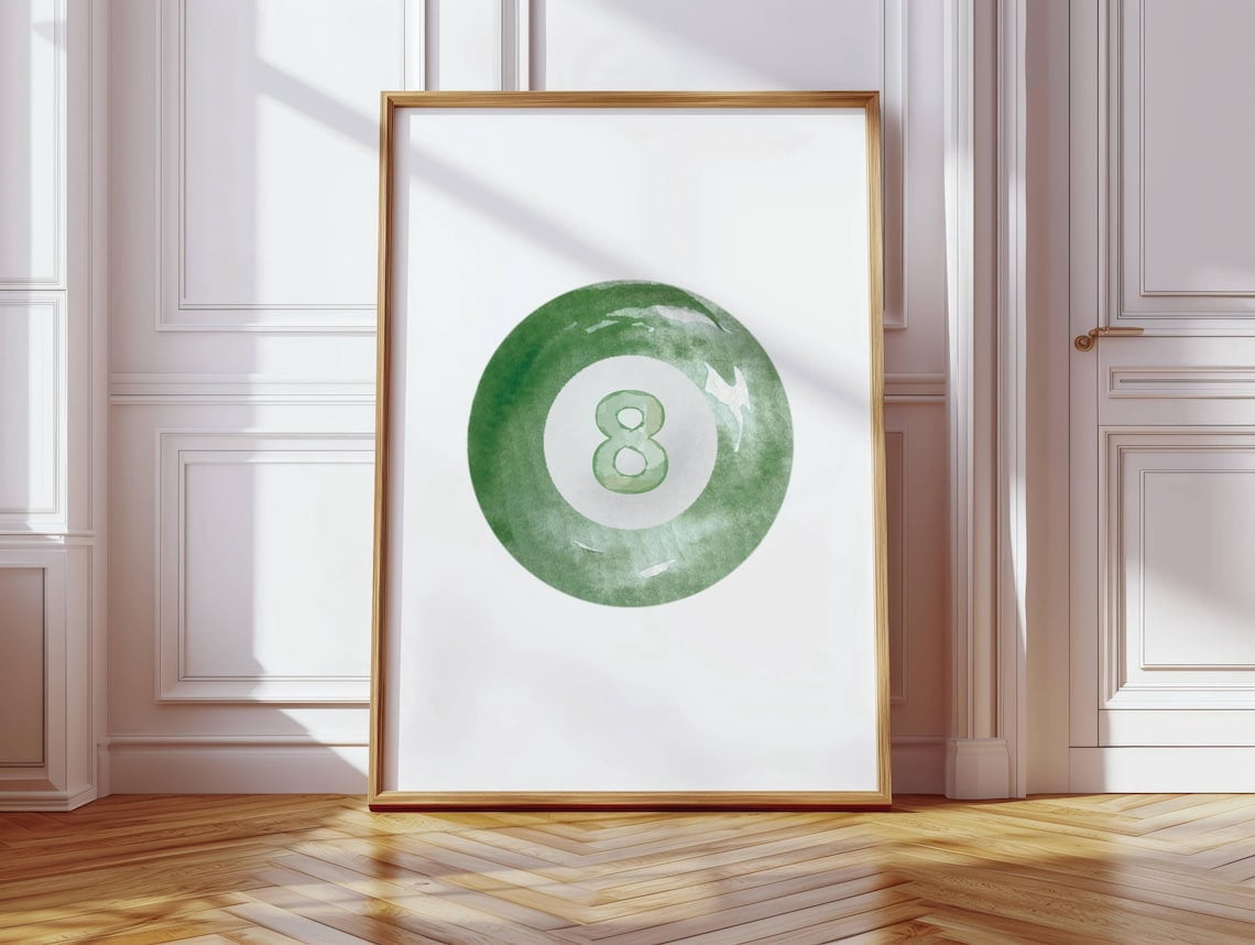 Green Watercolor 8?Ball Print, Funky Retro Pool Art, Trendy For Dorm Or ...