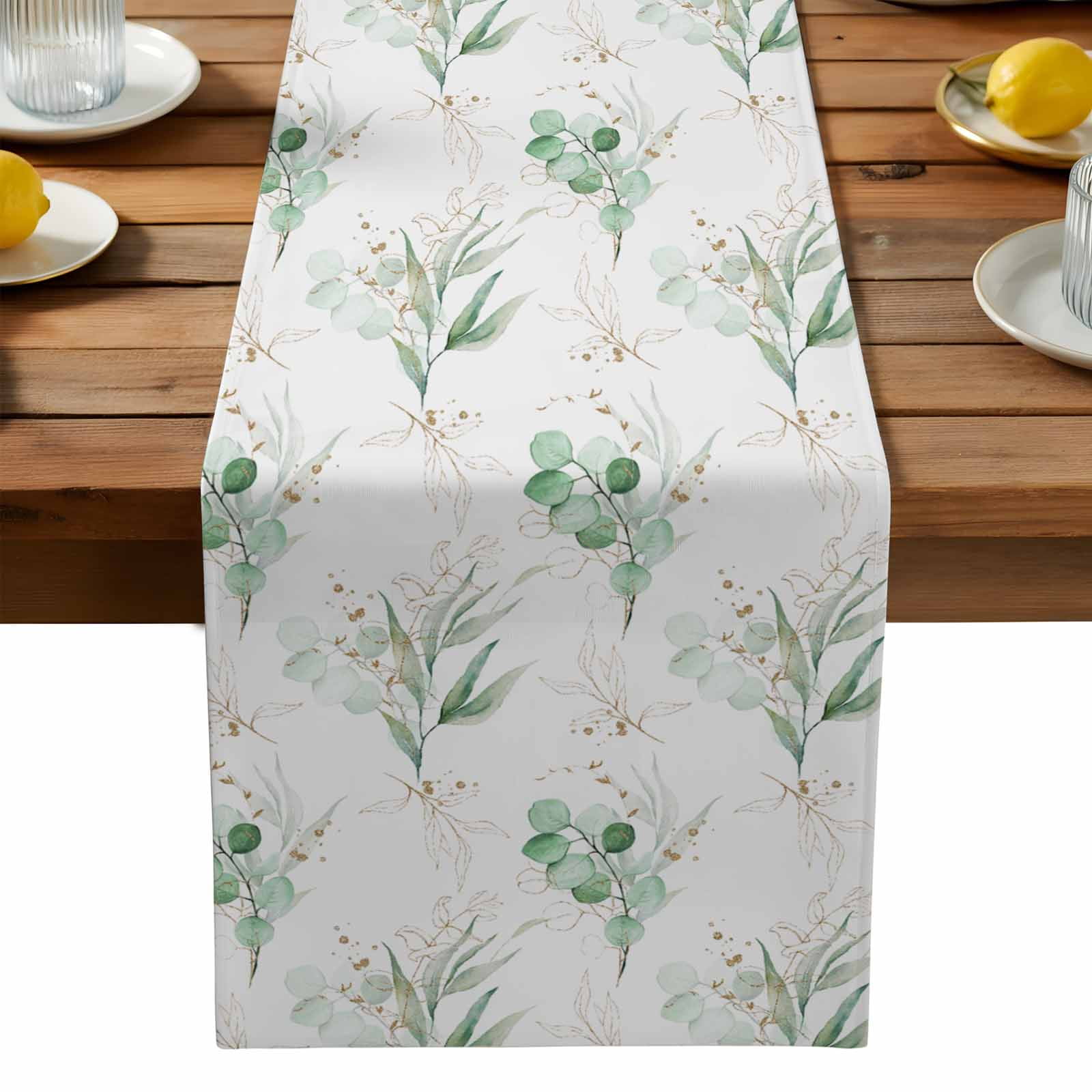 Green Watercolor Eucalyptus Leaf Table Runner, Golden White Cotton ...