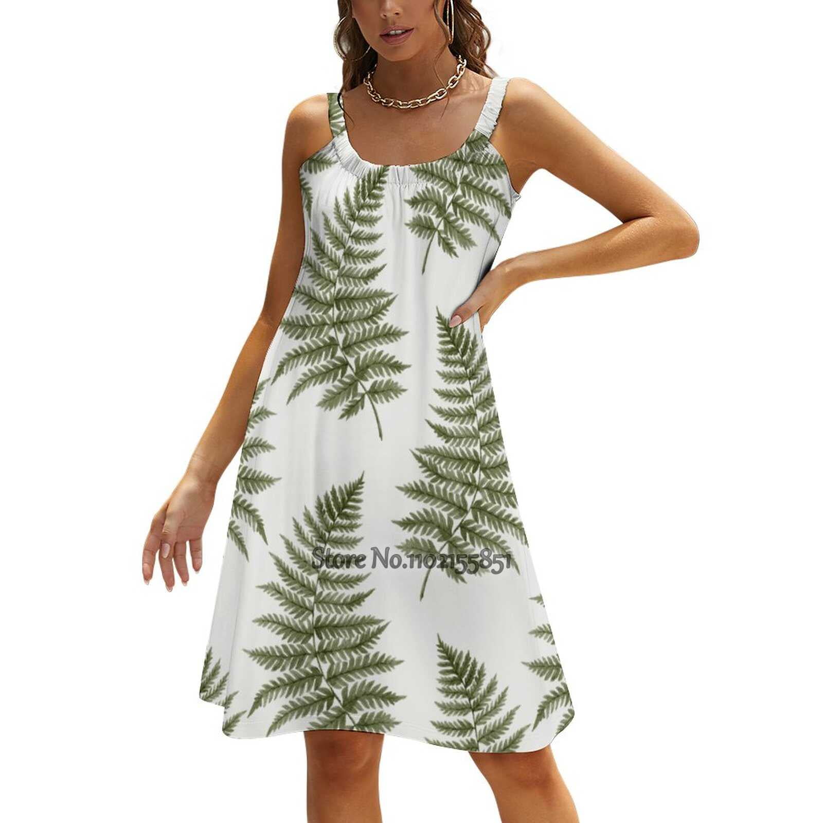 Green Watercolor Fern Pattern Square Neck Dress Summer Dress Women ...