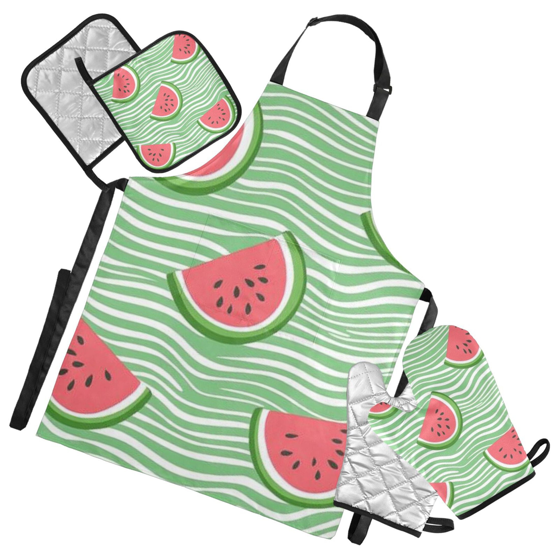 Green Wavy Lines with Watermelon Slices Apron Set with Oven Mitts Pot ...