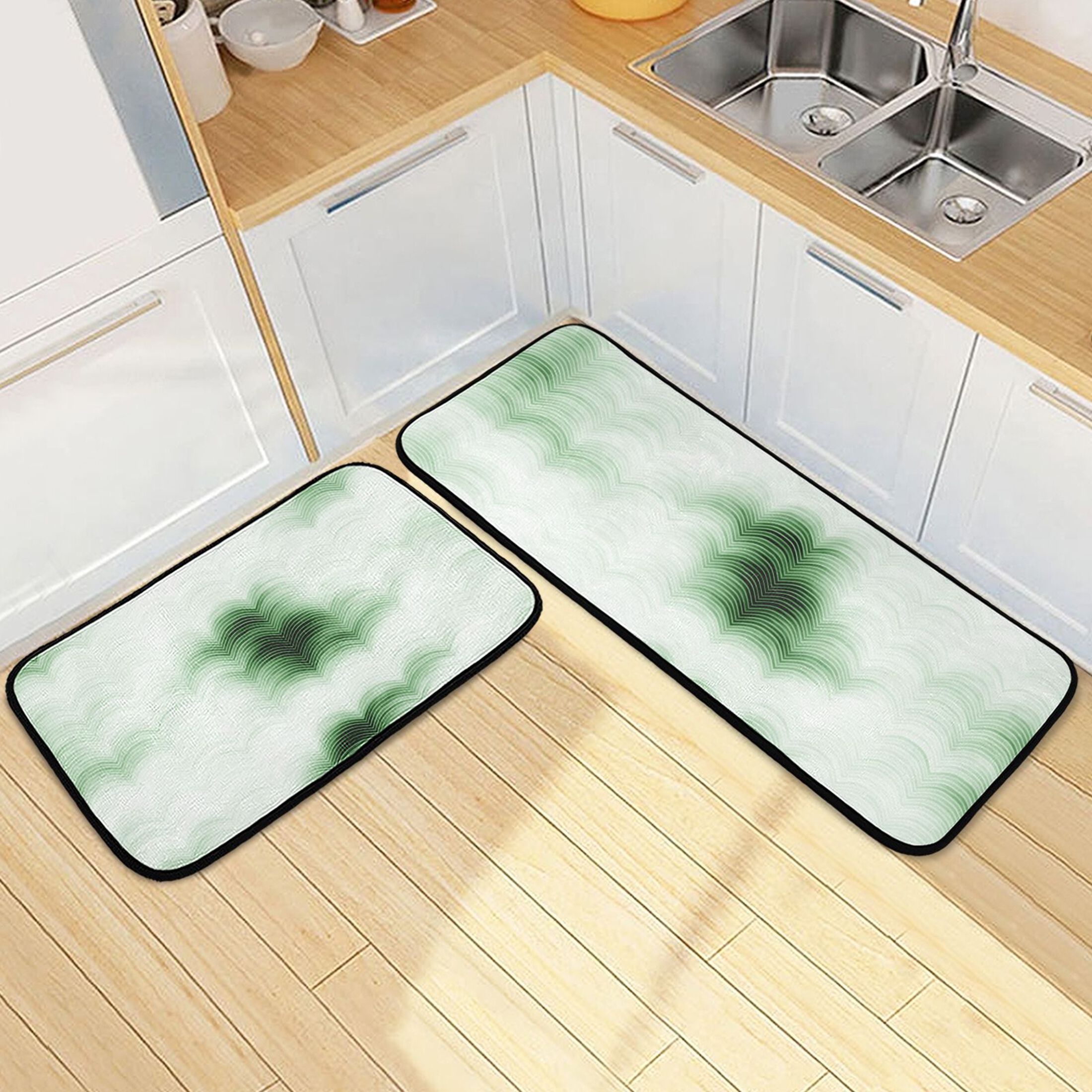 Green Wavy Print Kitchen Rugs Set of 2 Non Slip Floor Foam Mat ...