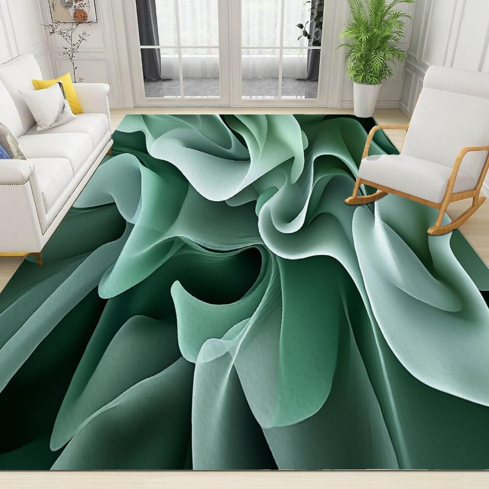 Green Wavy Ribbon Area Rug Abstract 3D Print Bedroom Rug Low Pile ...