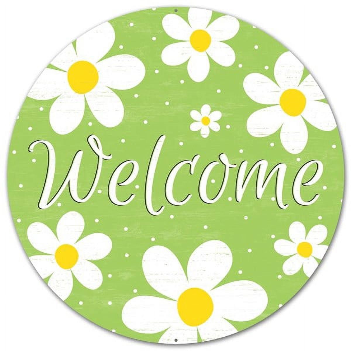 Green Welcome Sign with Daisies and Polka Dots for Front Door, Spring ...