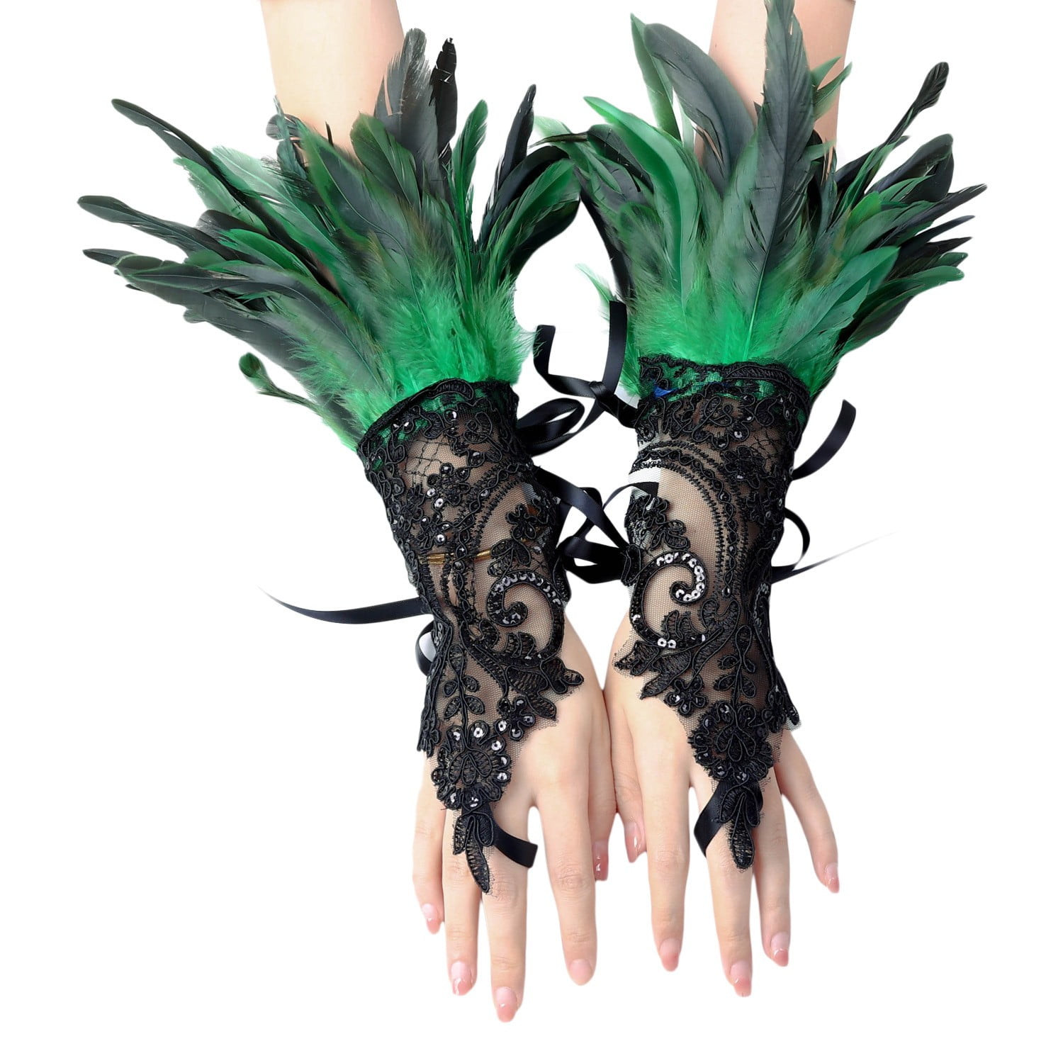 Green Welding Gloves, Gloves for Women, Feather Decorative Gloves ...