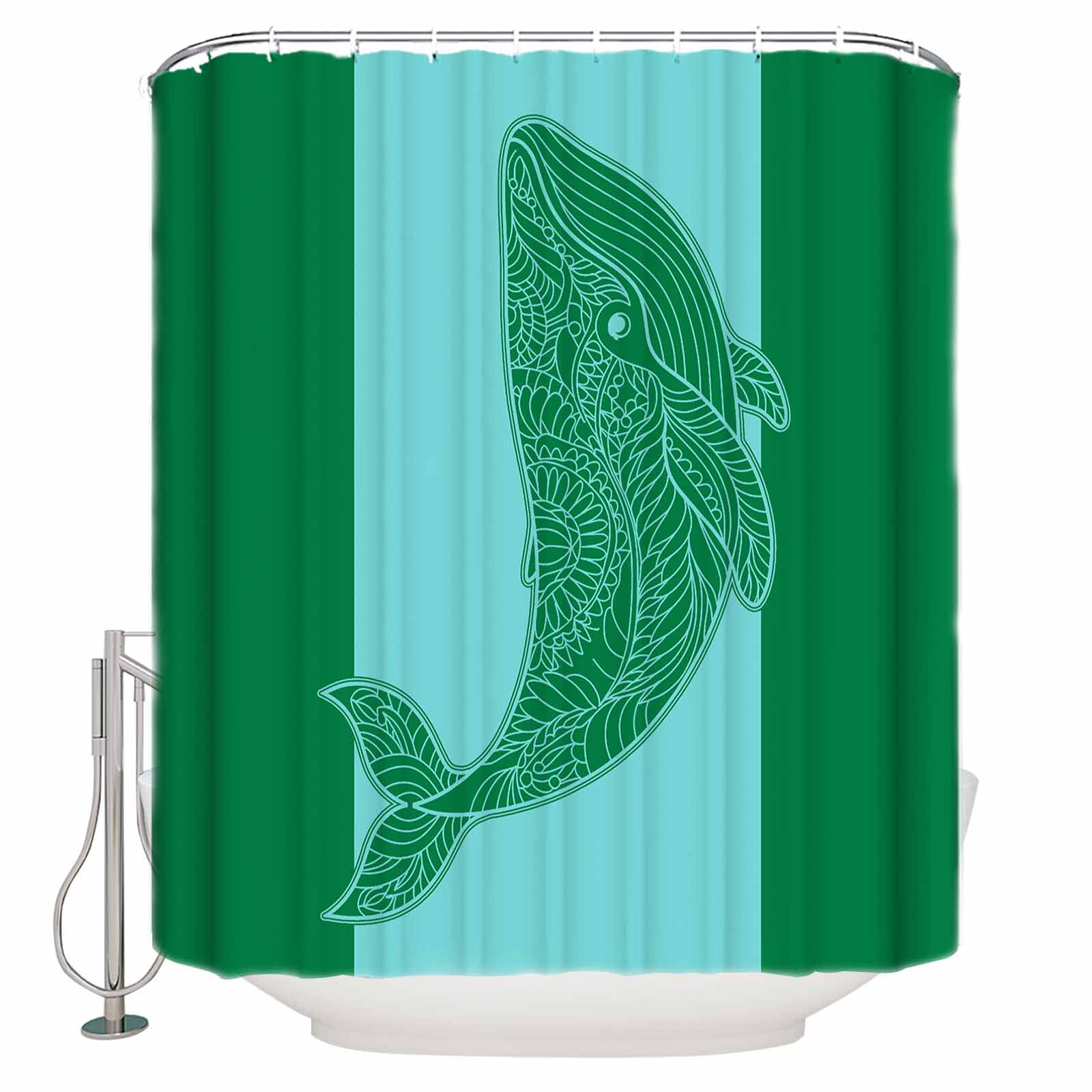 Green Whale Bathroom Shower Curtains with 12 Hooks Polyester Waterproof ...