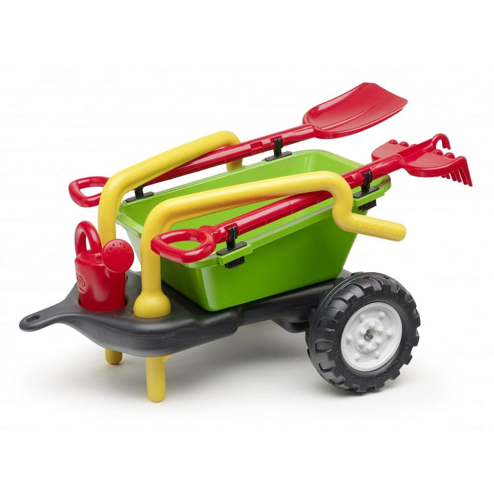 Green Wheelbarrow/Trailer including Giant rake & showel, watering can ...