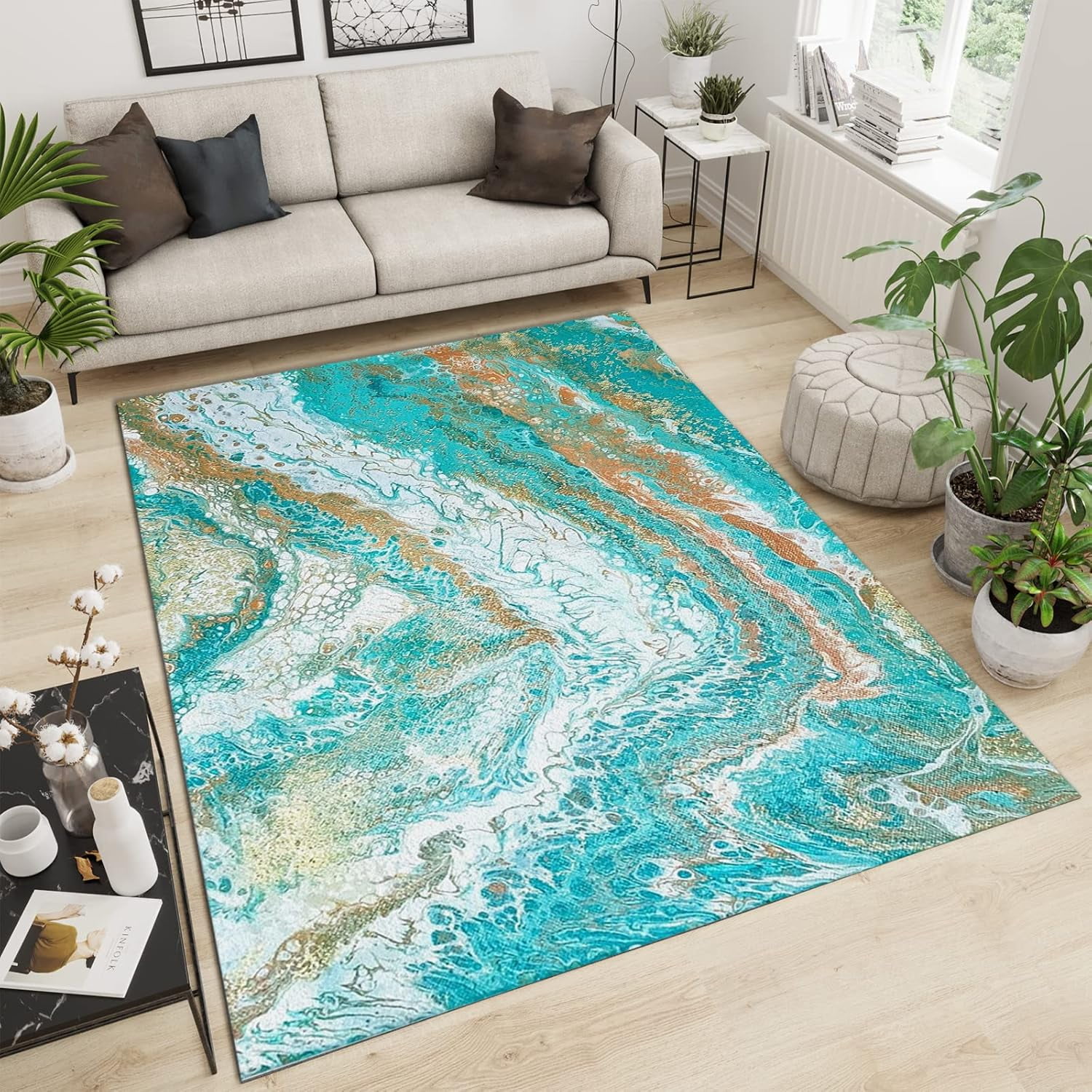 Green White Abstract Marble Area Rugs, Golden Yellow Curved Lines ...