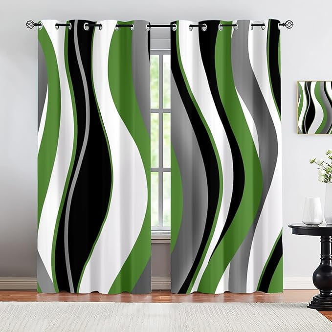 Green White Black Curtains For Living Room, Abstract Modern Gray ...