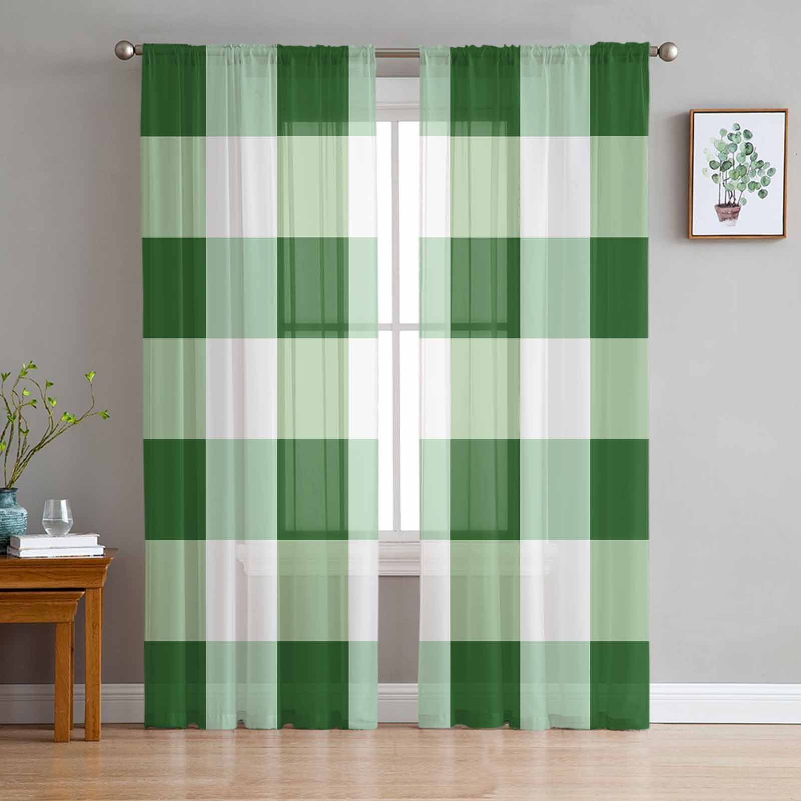 Green White Buffalo Check Semi Sheer Window Curtains 63 Inches Long ...
